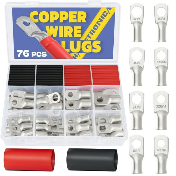 JUNCHI-76PCS Tinned Copper Wire Lugs Kit,Heavy Duty Battery Cable Lugs ...