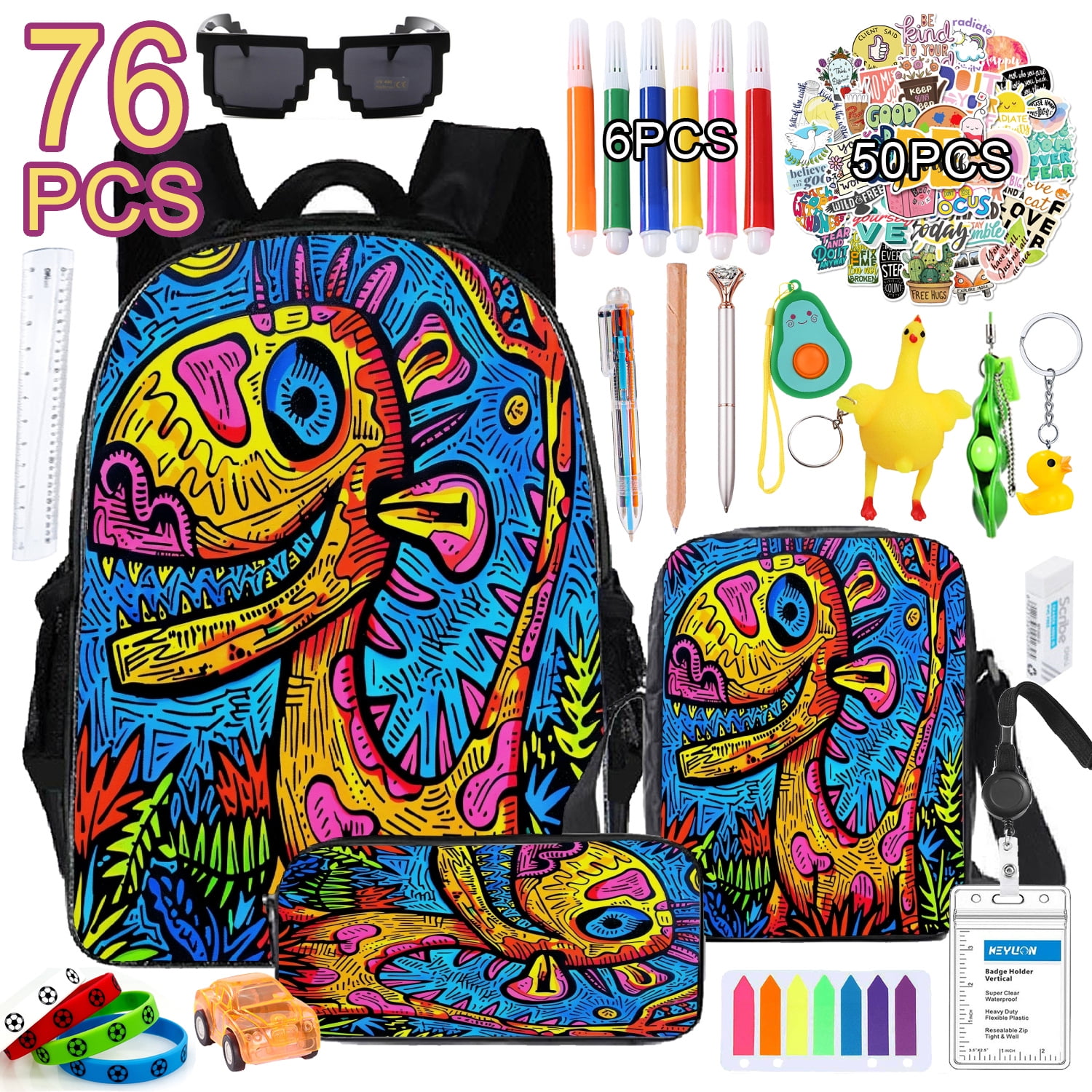 76Pcs Cool Dinosaur Print Backpack for Girls Elementary Students School ...