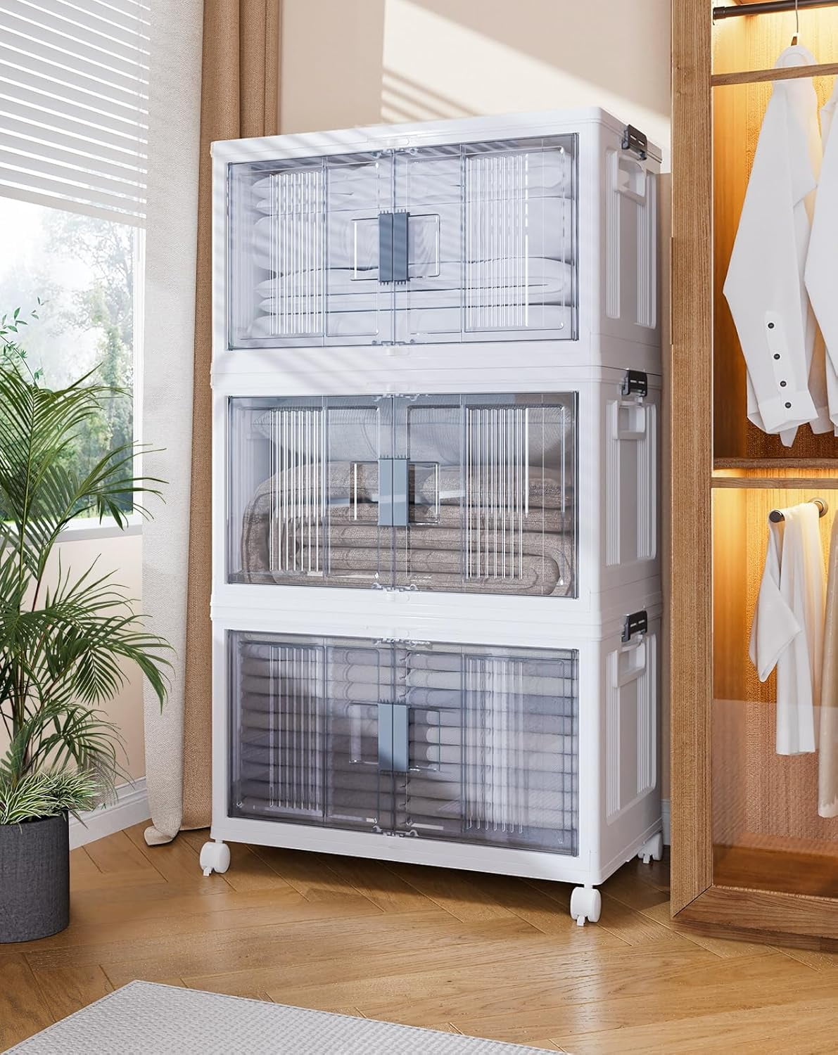 76QT Stackable Storage Bins with Lids - Folding Storage Boxes with ...