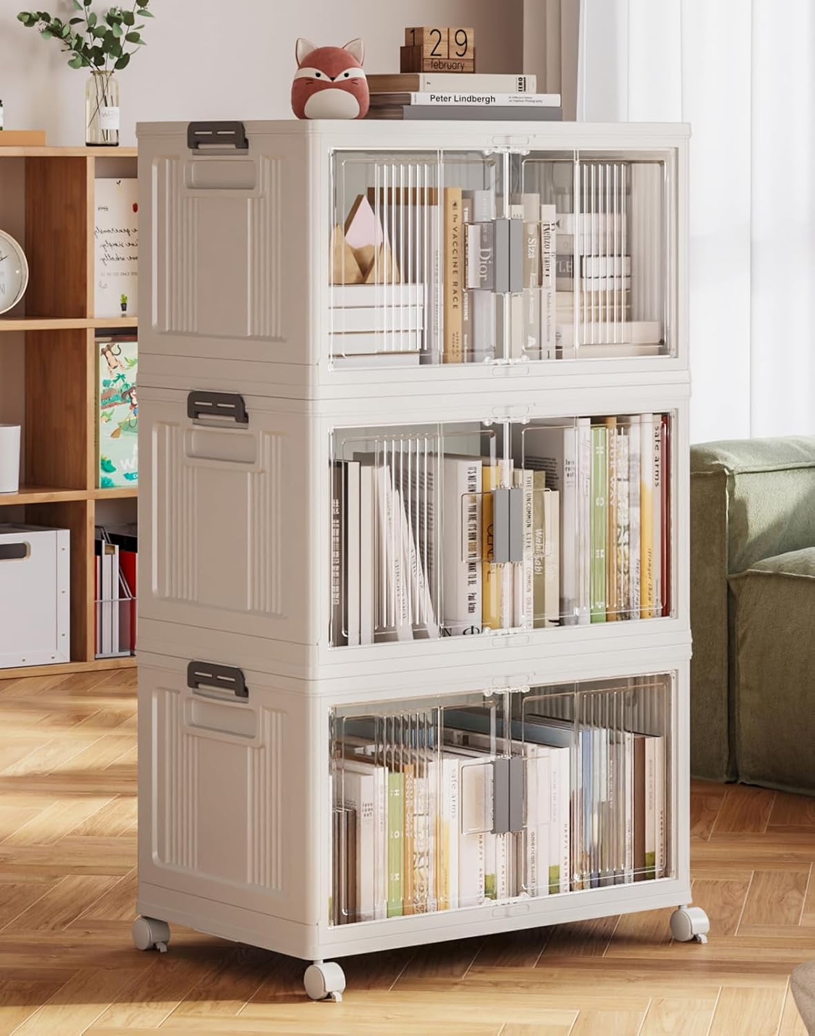 76QT Stackable Storage Bins with Lids - Folding Storage Box with Doors ...