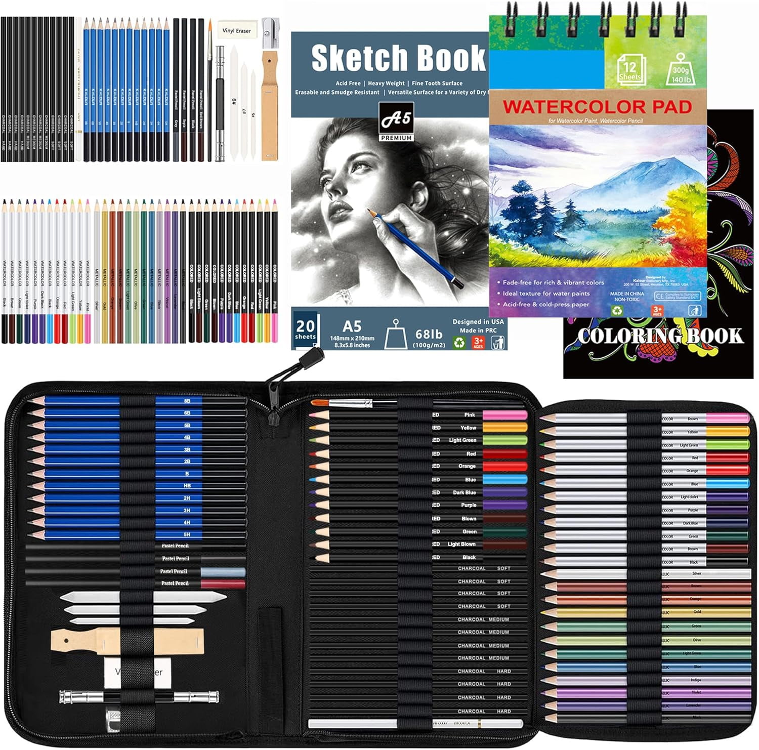 76pc Art Supply Set - Sketching & Drawing Kit with Tutorial Book ...