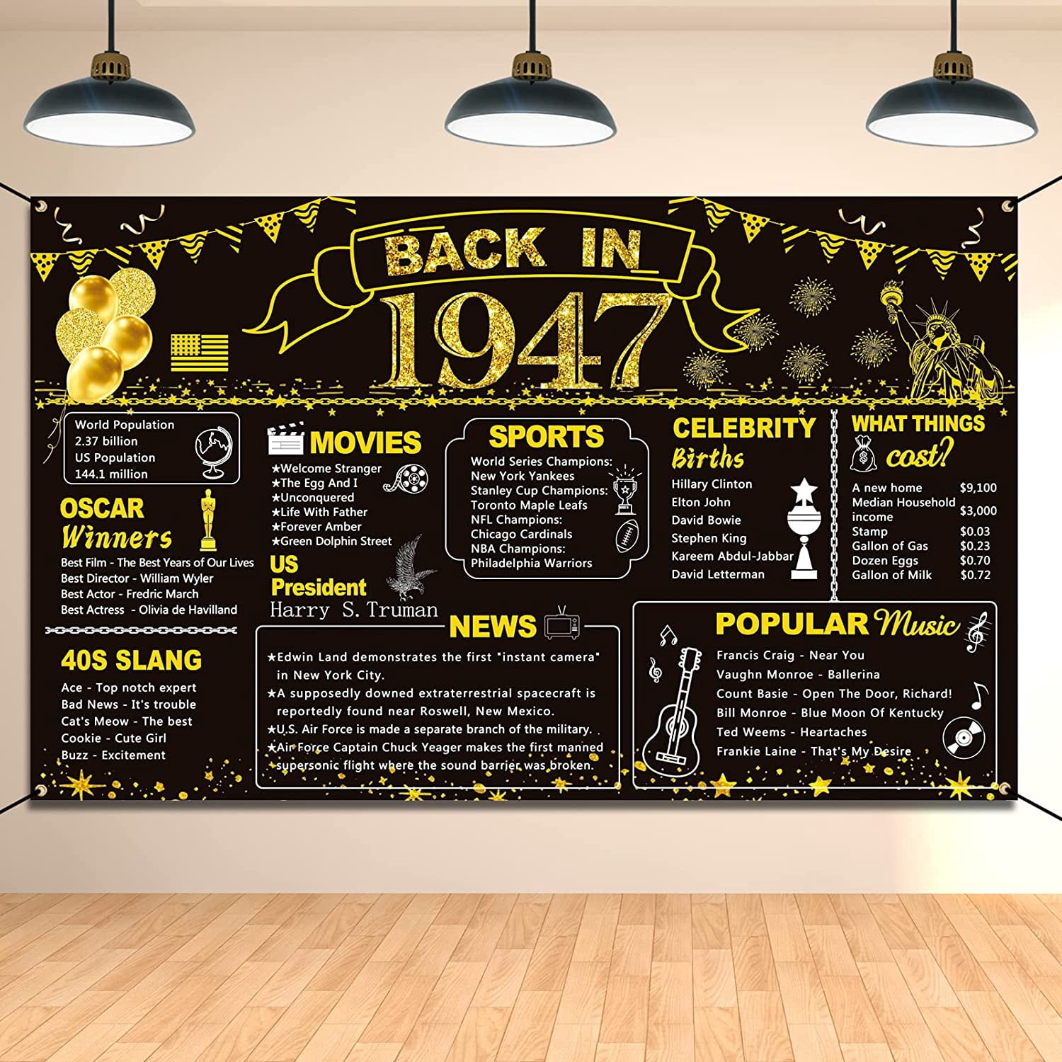 76th Birthday Black Gold Party Decoration, Back in 1947 Banner 76 Year ...