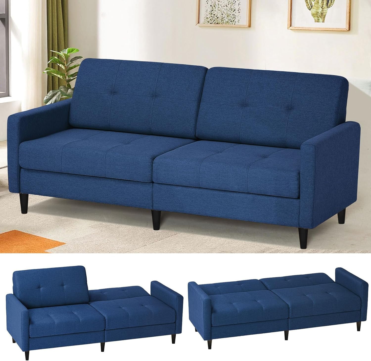 77" Linen Fabric Sofa Bed with Adjustable Backrests Convertible ...