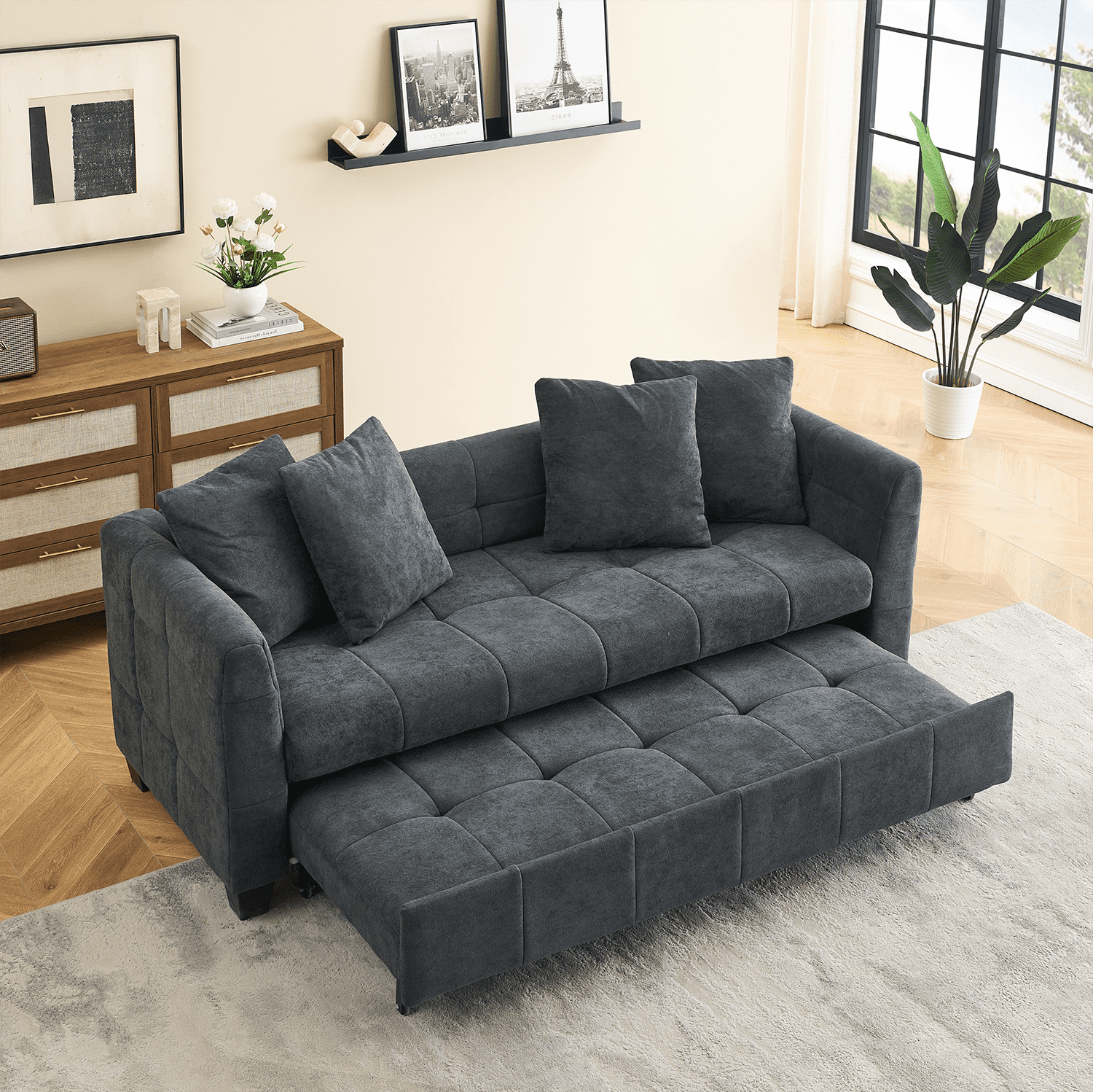 77.9 Inch 3-in-1 Convertible 3-Seater Sofa,Gray Flannel Upholstery with ...