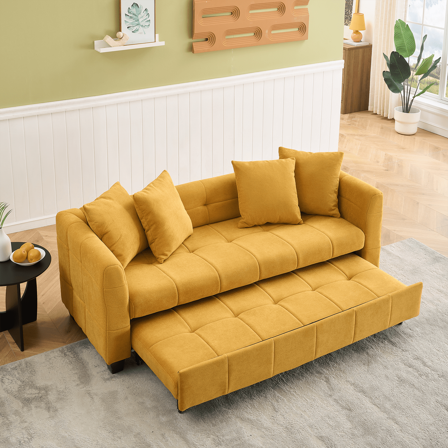 77.9 Inch 3-in-1 Convertible 3-Seater Sofa,Yellow Flannel Upholstery ...