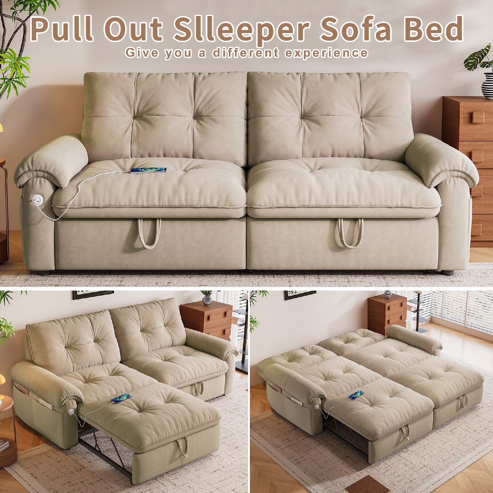 77" Convertible Pull Out Couch with Charging Station and Side Pocket, 3 ...