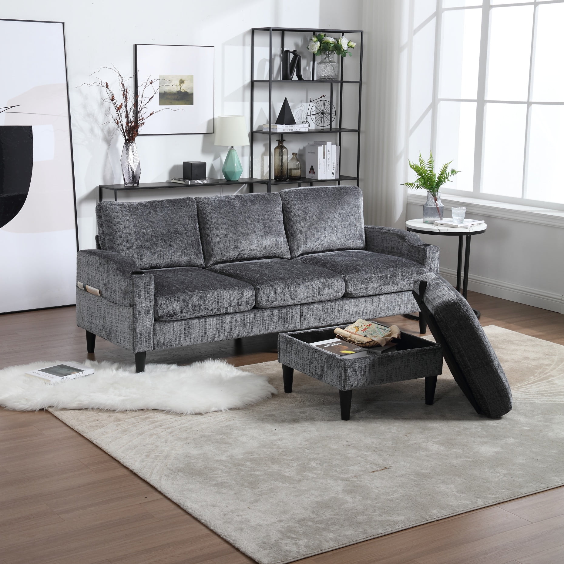 77" Convertible Sectional Sofa with Storage Ottoman, Chenille Fabric L ...