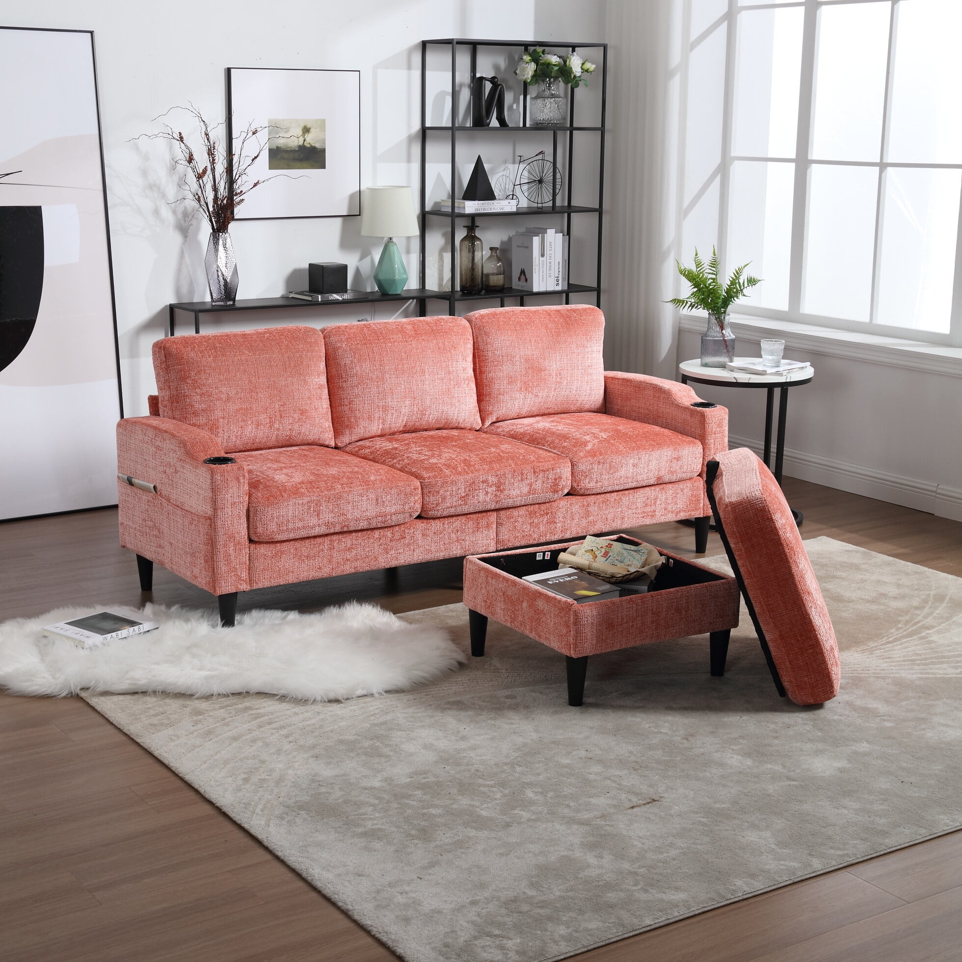 77" Convertible Sectional Sofa with Storage Ottoman, Chenille Fabric L ...