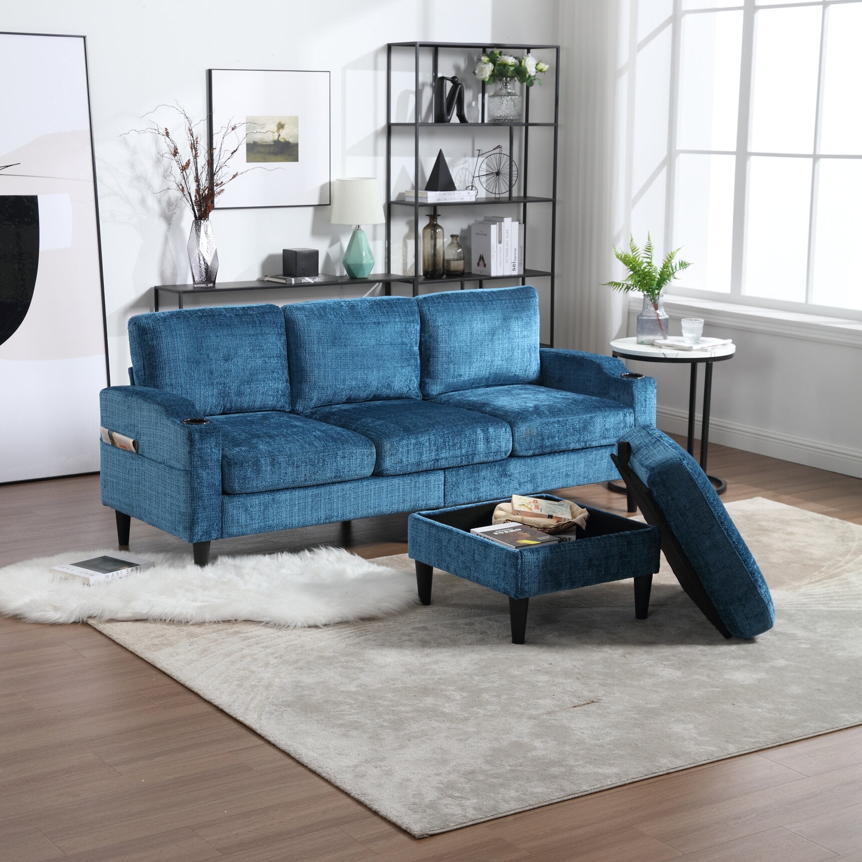 77" Convertible Sectional Sofa with Storage Ottoman, Chenille Fabric L ...