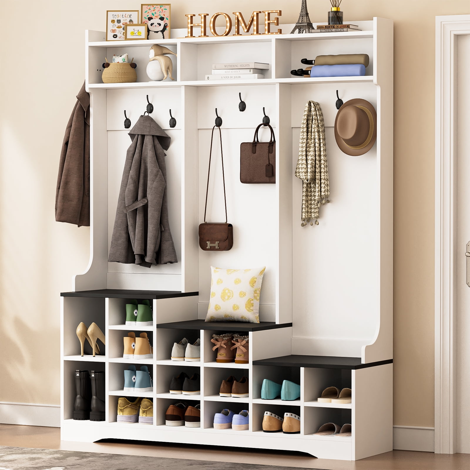 77" Hall Tree with Shoe Storage, Entryway Bench with Coat Rack, 16 Shoe ...