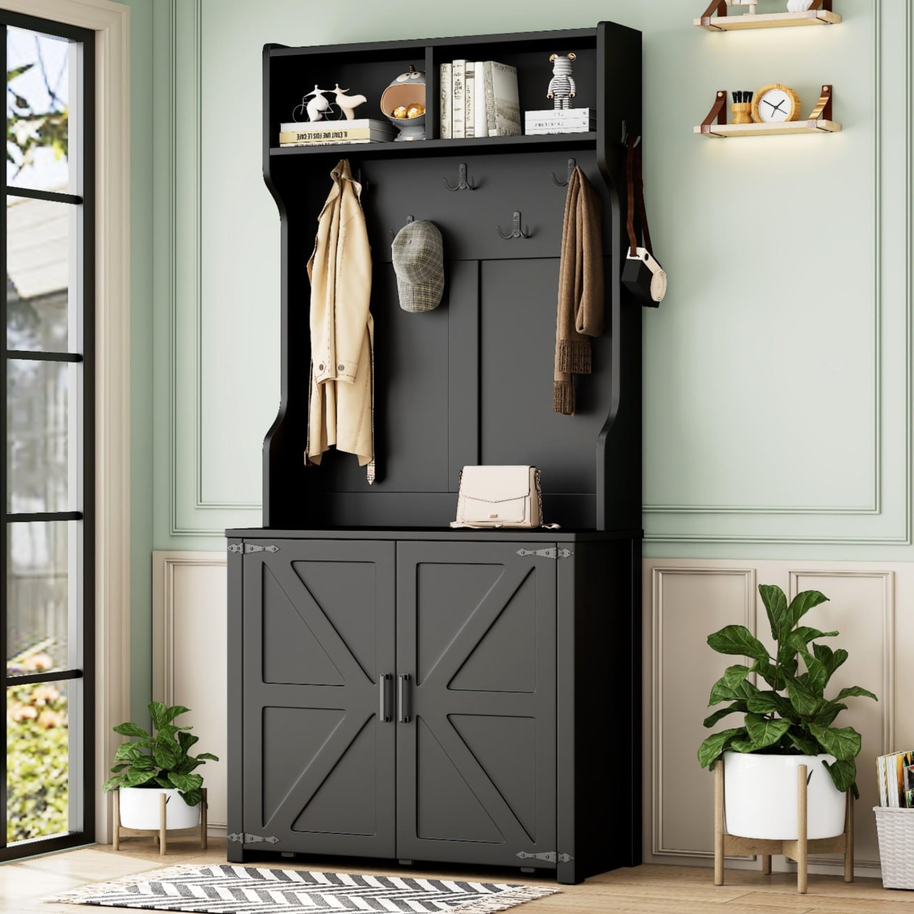 77 Inch 4-in-1 Hall Tree with Wheels, Movable Bench with 7 Hanging ...