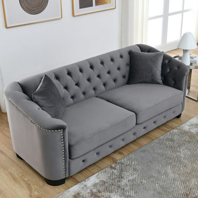 Grey Classic 77 Velvet Chesterfield 3 Seater Sofa with Nailhead Trim Solid Wood Frame Tufted Backrest and 2 Pillows
