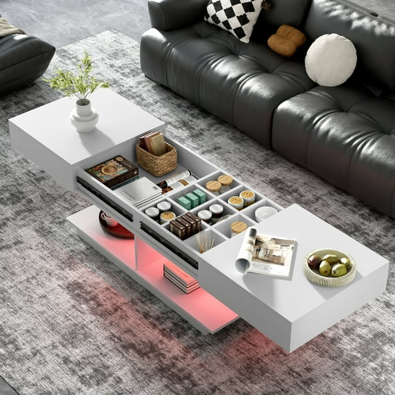 77 Inch Extendable Coffee Table with 16 Color LED Lighting and Hidden Storage Modern High Gloss ...