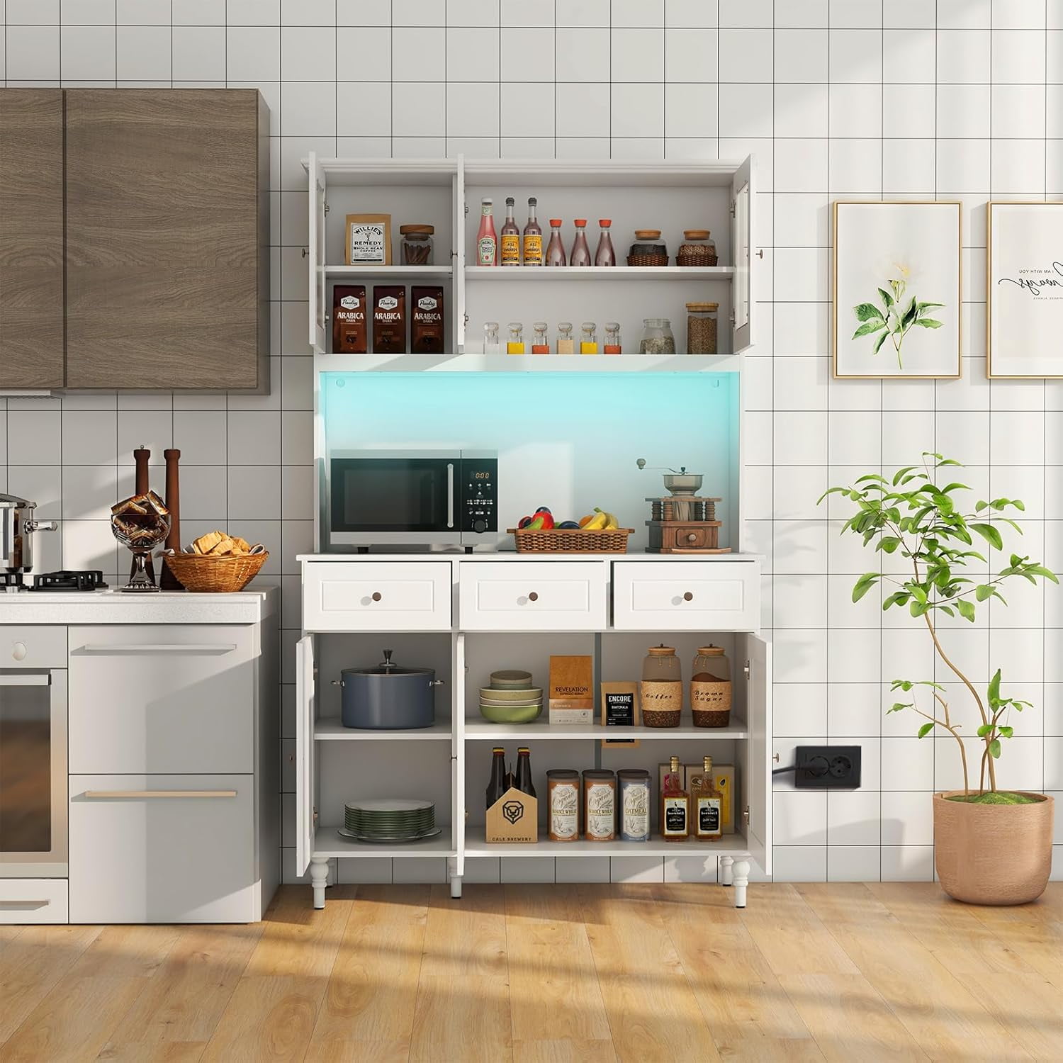 77" Large Kitchen Hutch with Charging Station, LED Pantry Cabinet with ...