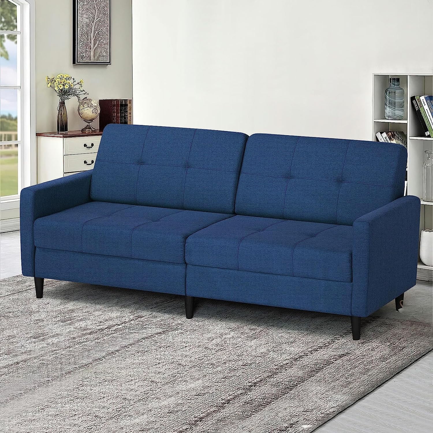 "77"" Convertible Twin-Size Sleeper Loveseat, Blue Linen Sofa Bed for ...