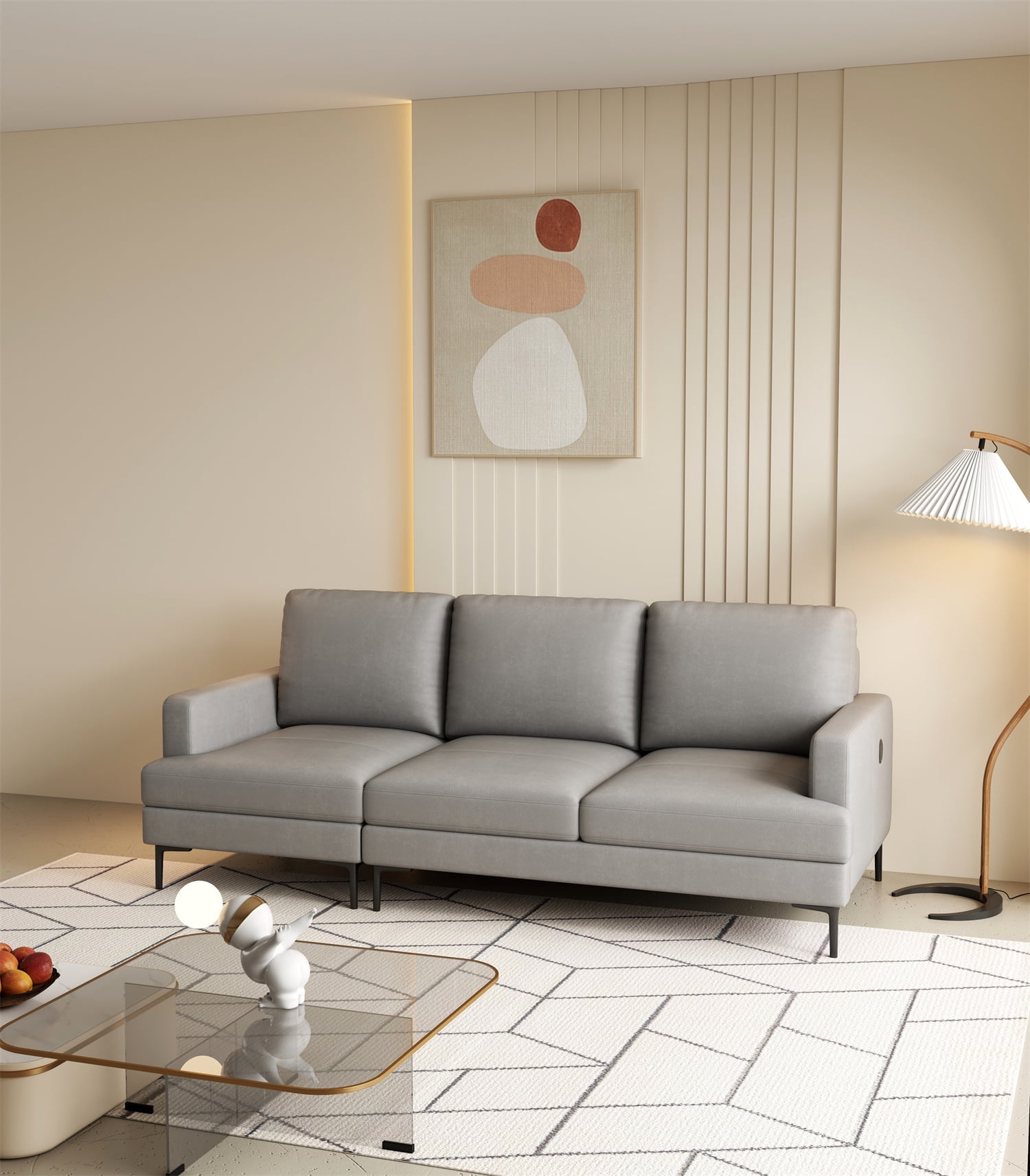 77" Luxury Genuine Leather Sofa Couch With USB Charger, 3-Seater Sofa ...