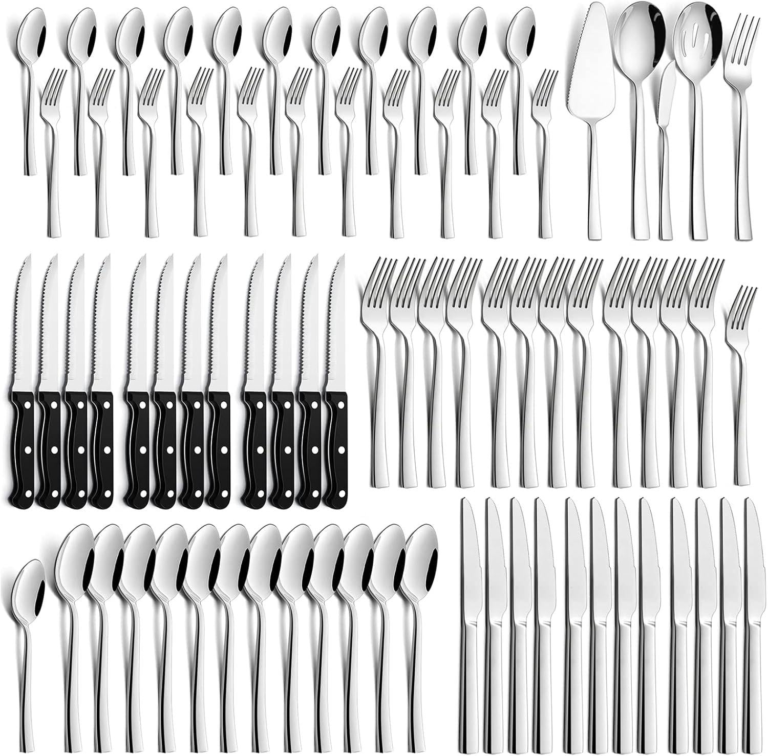 77-Piece Silverware Set with Steak Knives, Solid Stainless Steel ...