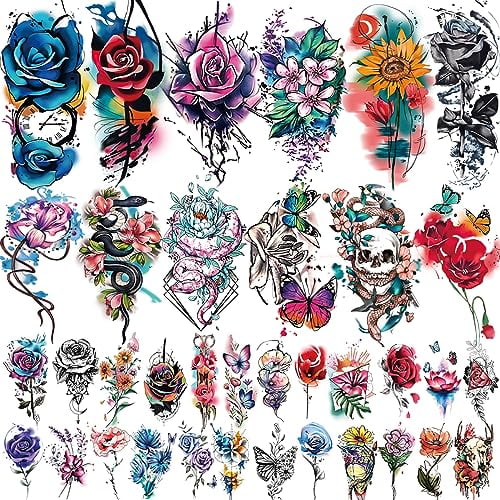 77 Sheets Flowers Temporary Tattoo, 17 Sheets Half Arm Rose Butterfly ...