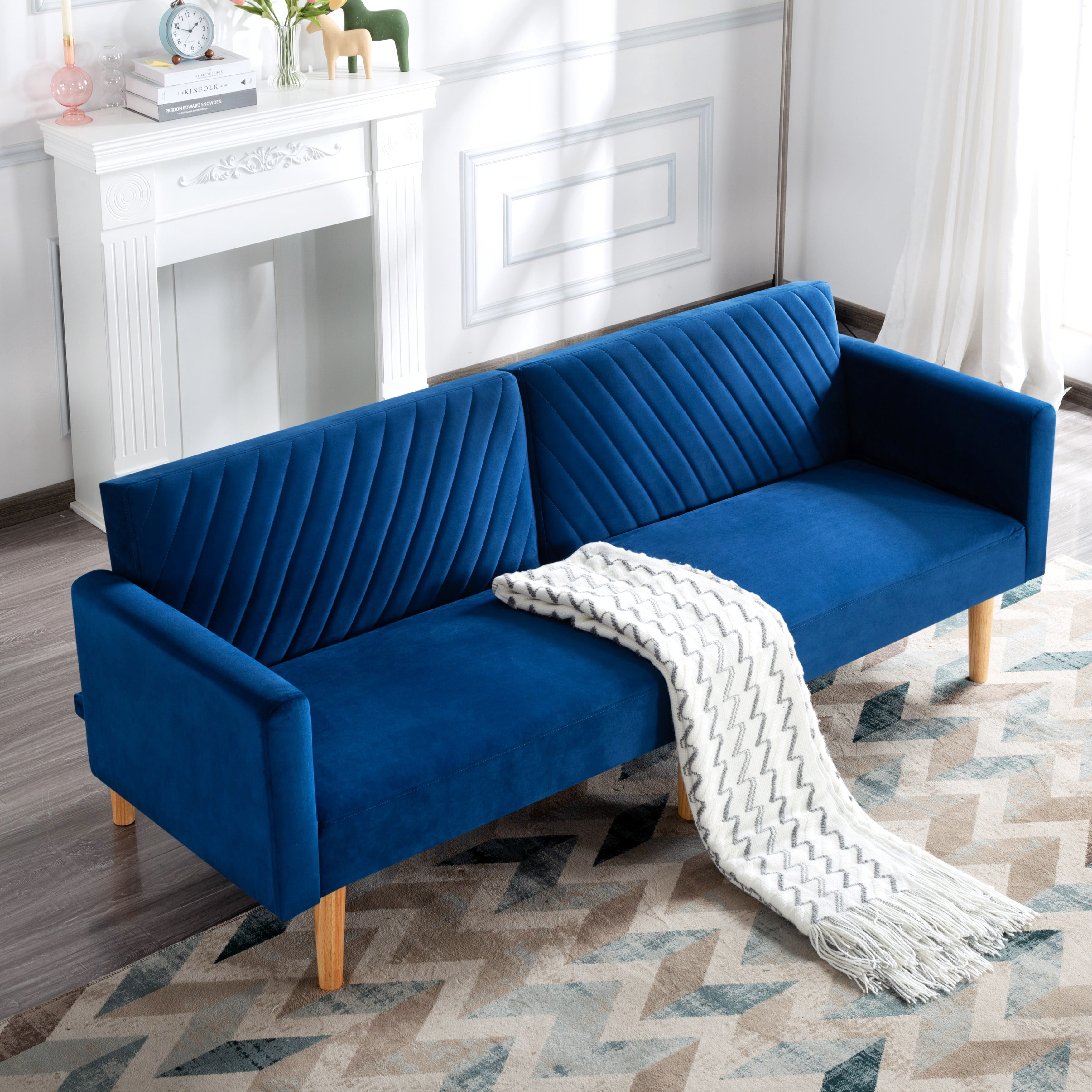 77 inch Futon Sofa Bed, Upholstered Velvet Couch Sleeper Sofa, Mid ...