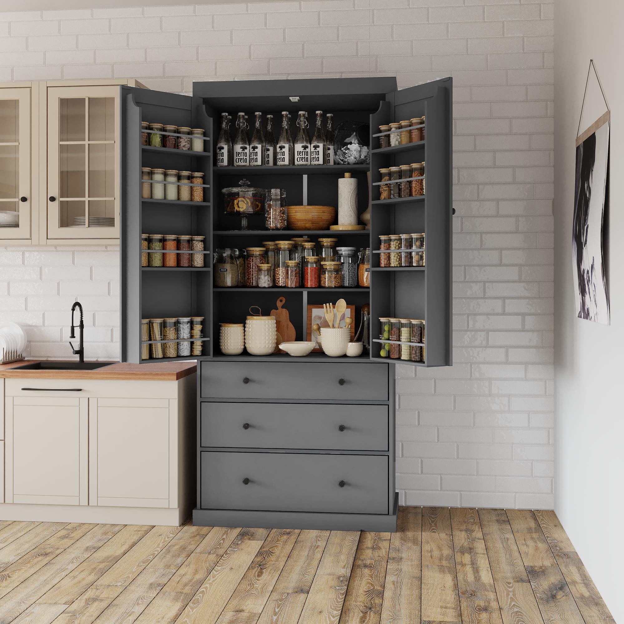 77inch Farmhouse Kitchen Pantry, Wood Storage Cabinet with with 3 ...