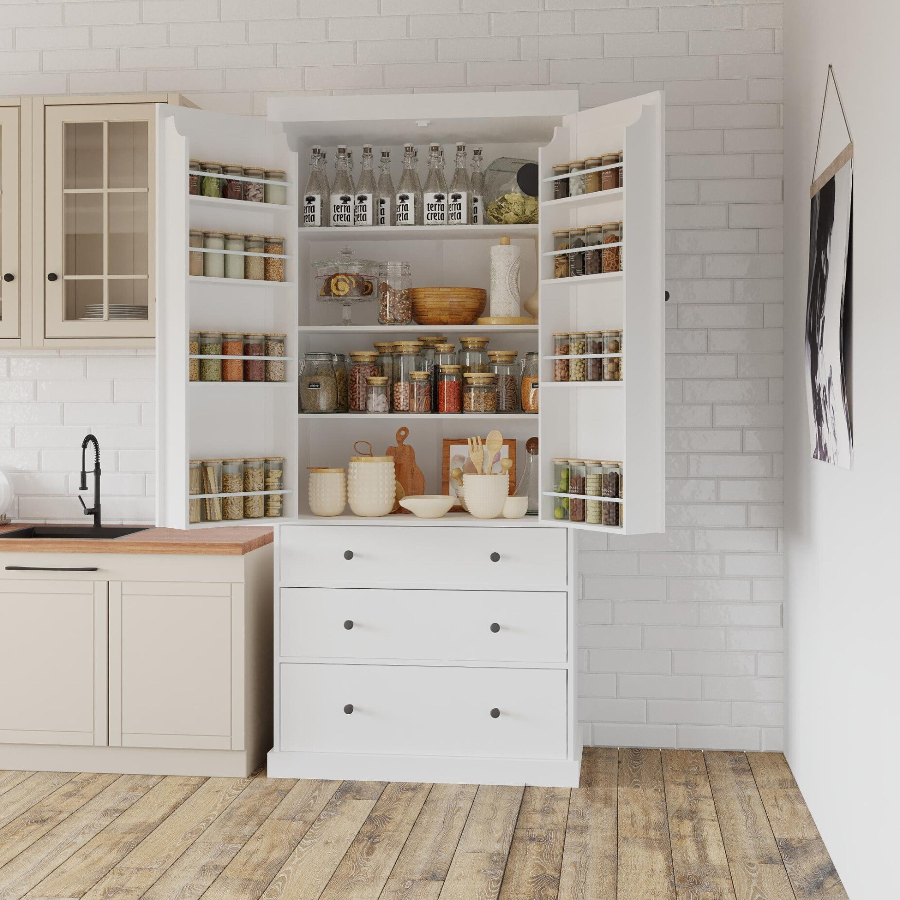 77inch Kitchen Pantry Storage Cabinet Freestanding Tall Cupboard Storage Cabinet with 3 Adjustable Shelves 8 Door Shelves and 3 Drawers Wooden Bathroom Storage Cabinets for Kitchen Dining Room Wh Walm...