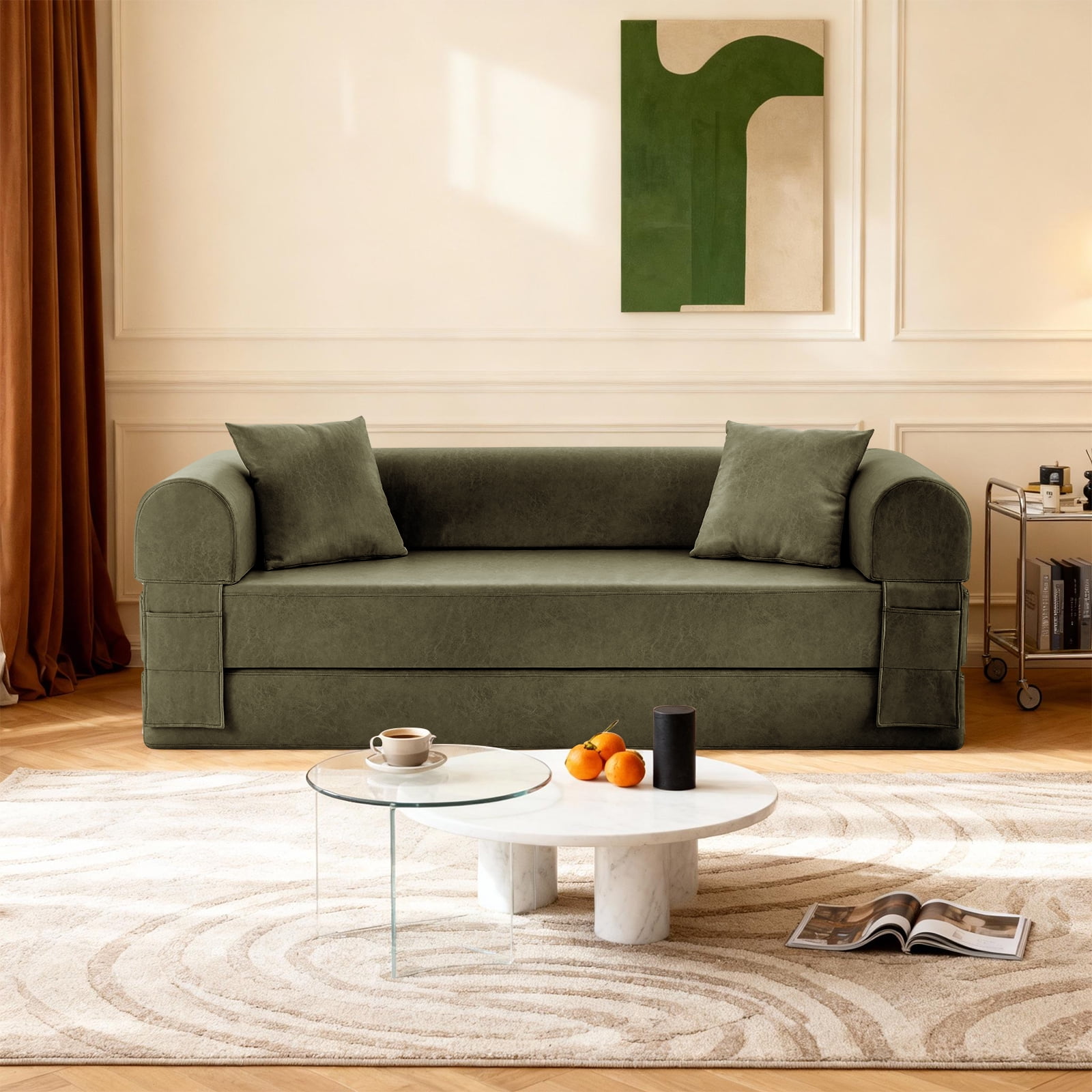78.5" Convertible Sofa Bed, Faux Leather Futon Couch with Pillows ...
