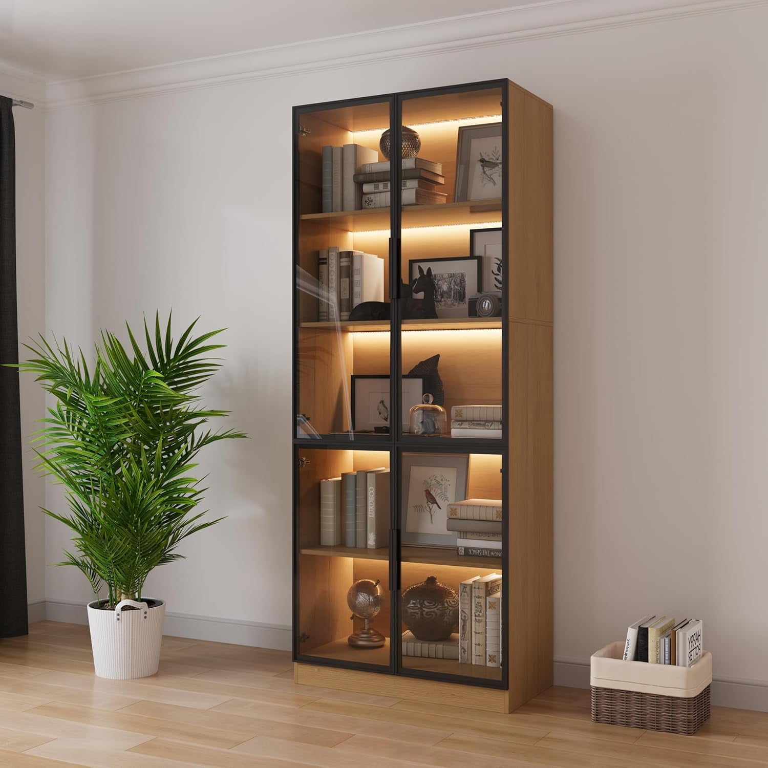 78.7" Display Cabinet with 4 Glass Doors, 5 -Tier Storage Cabinet with ...