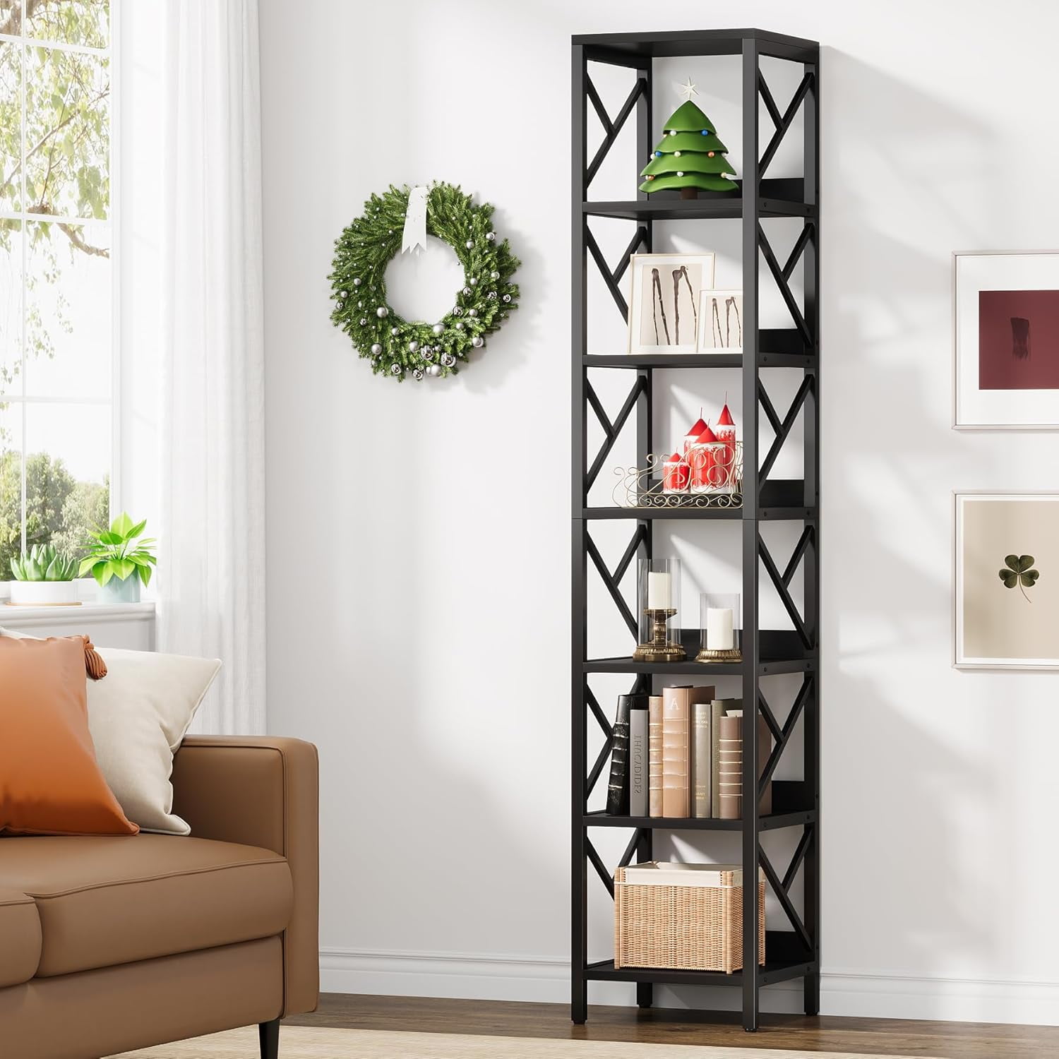 78.7 Inch Extra Tall Narrow Bookshelf, 7 Tier Skinny Bookcase for Small ...