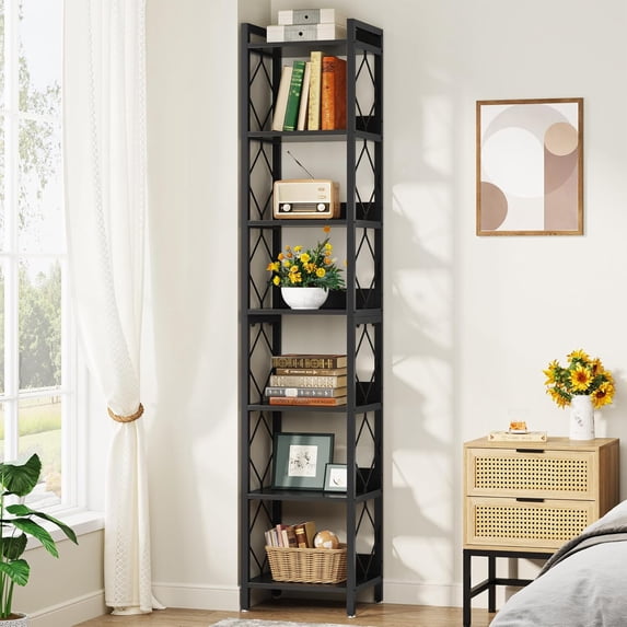 78.7 Inch Extra Tall Narrow Bookshelf 7 Tier Skinny Bookcase for Small ...