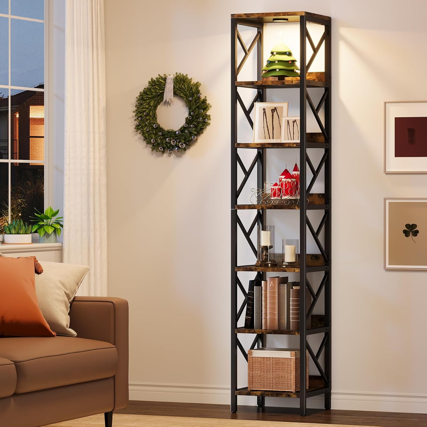 78.7 Inch Extra Tall Narrow Bookshelf with LED Light, 7 Tier Skinny ...