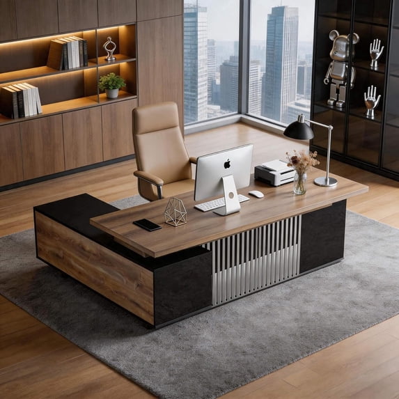 78.7" L Shaped Executive Desk with Power Outlet File Cabinets Drawer ...