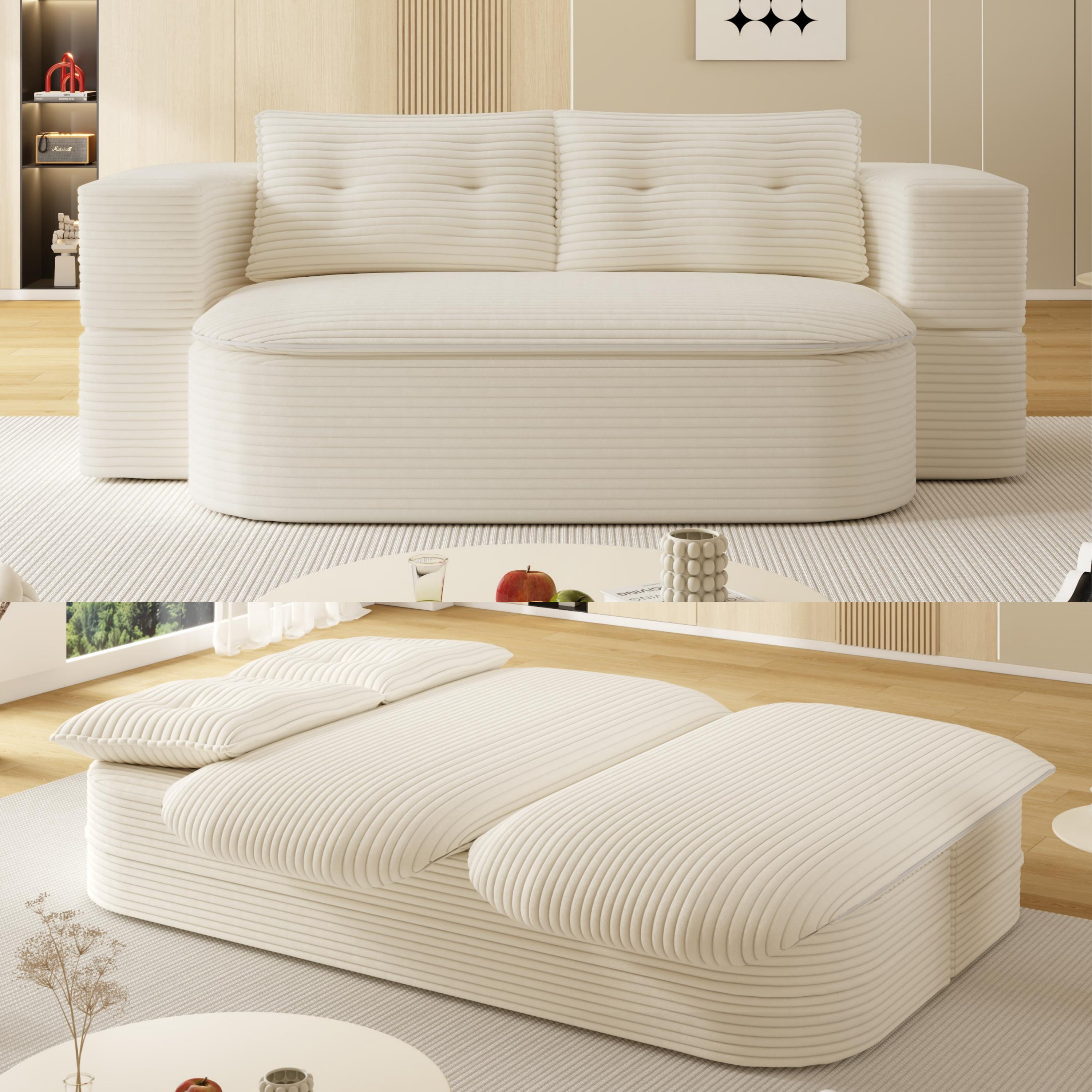78.7" Modern Plush Corduroy 2-in-1 Foldable Sleeper Sofa Bed in Beige ...