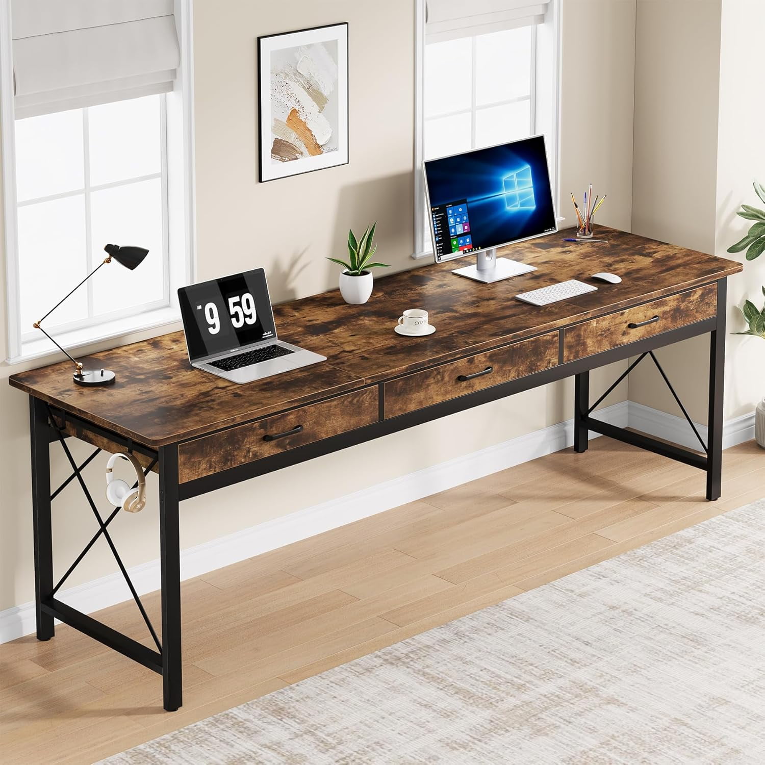 78.7 inch Extra Long Computer Desk, Two Person Desk with 3 Drawers ...
