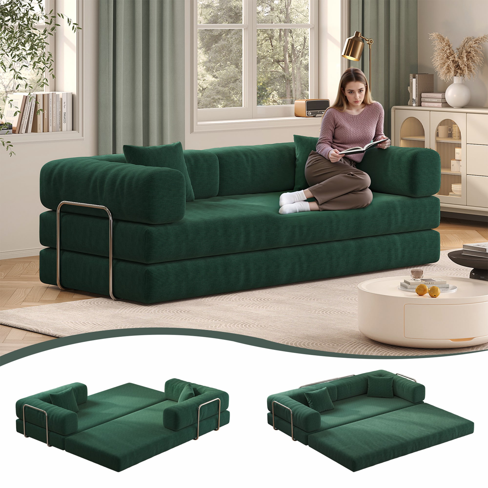 78.7-inch green convertible teddy bear sofa bed set with 2 pillows, 4 ...