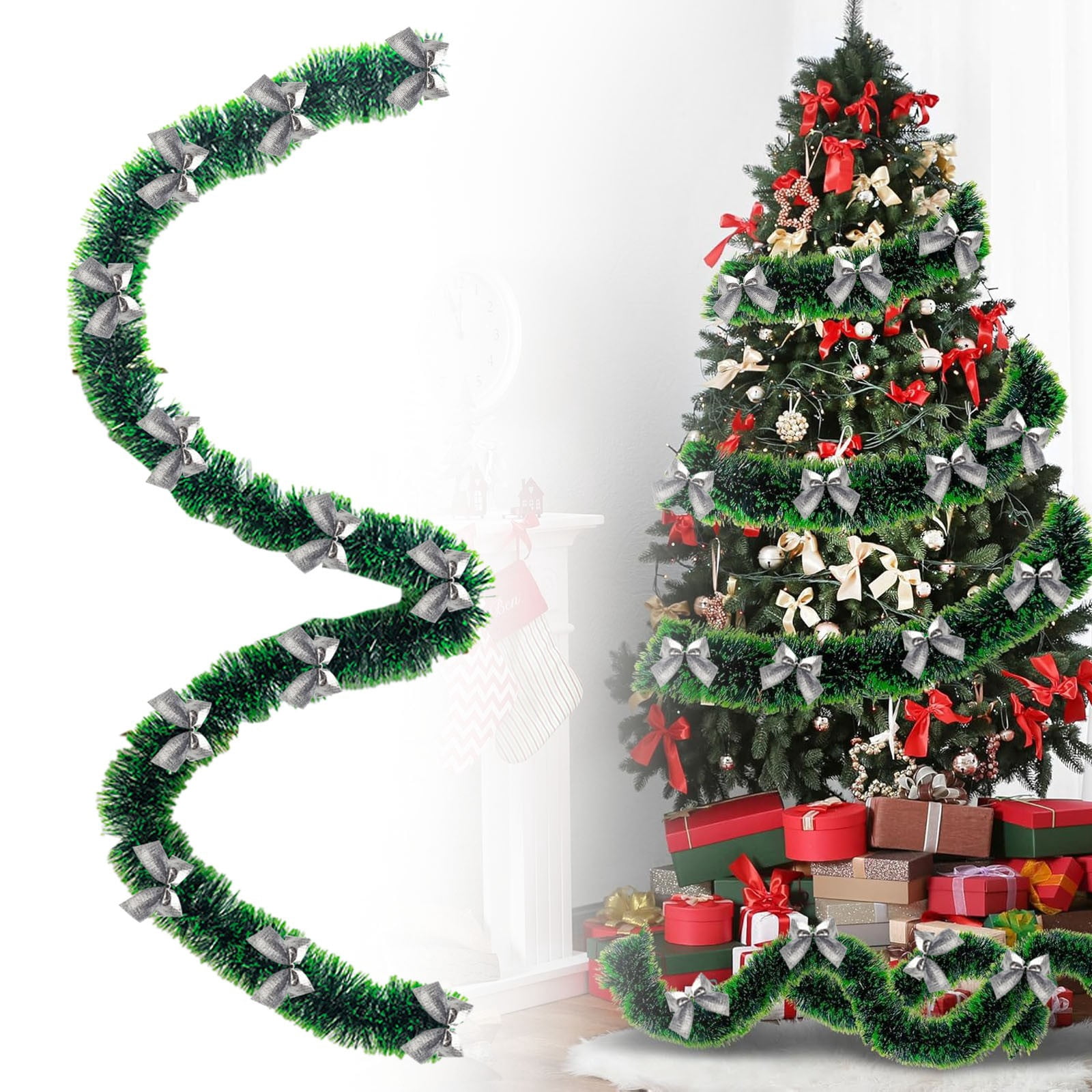 78.74 Inch Christmas Tinsel Metallic Twist Shiny Garland with Bows for ...