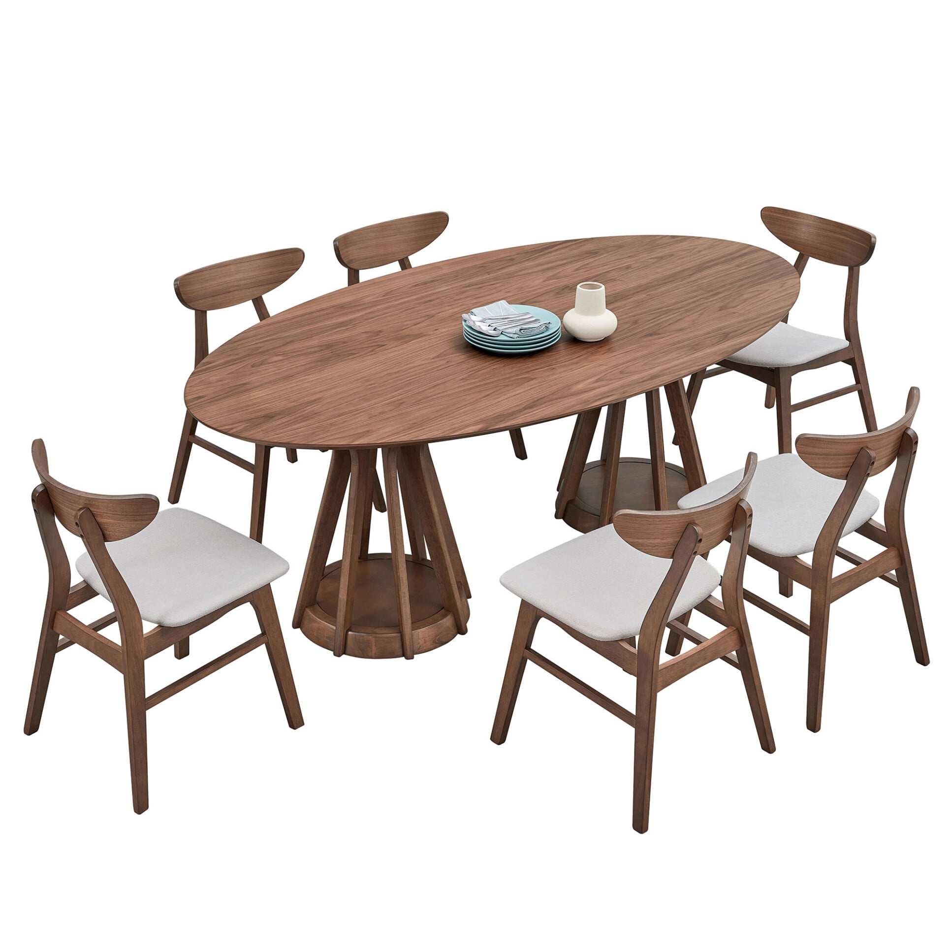 78.74 Inch Dining Table Set of 7 pcs, Mid Century Modern Kitchen Coffee ...