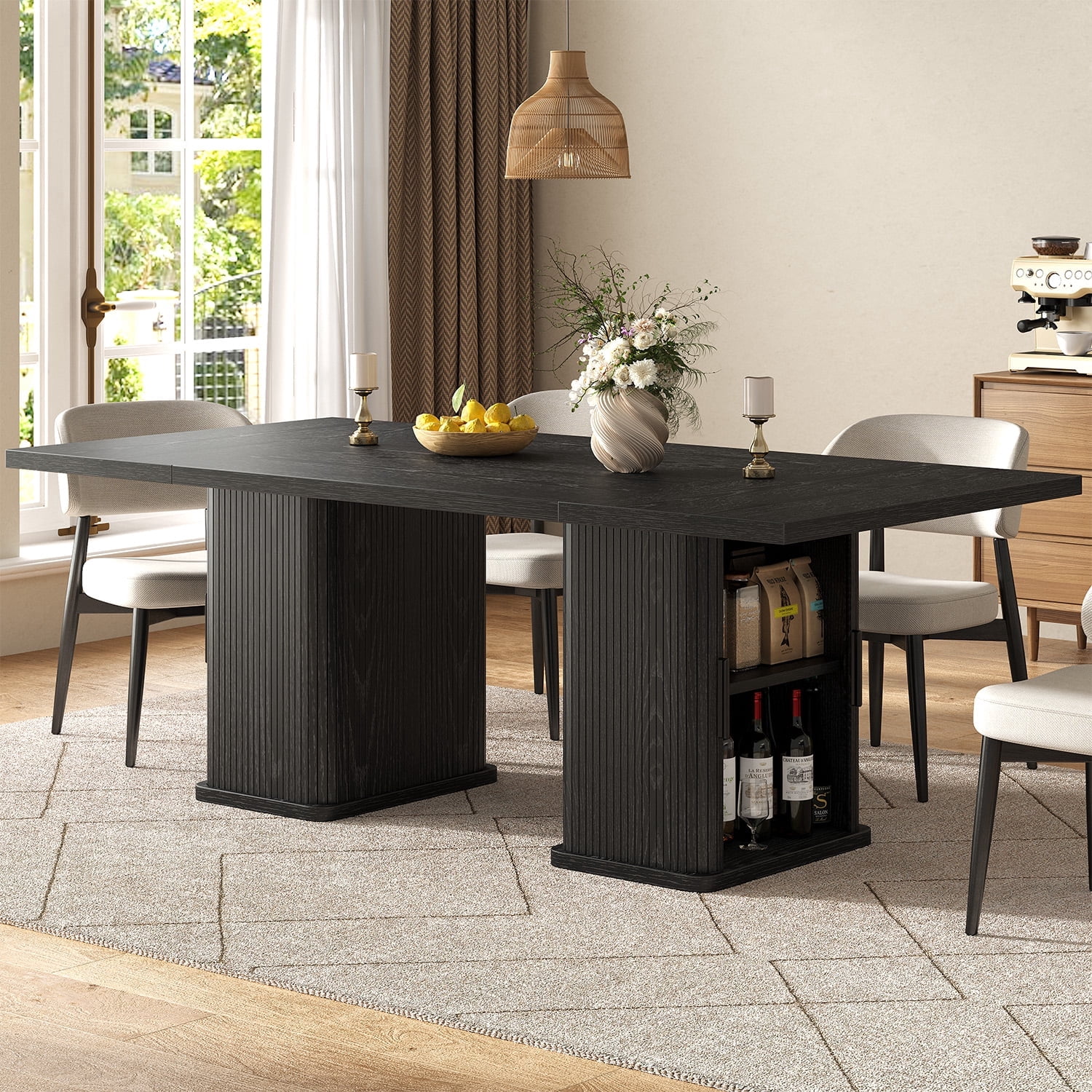 78.74" Long Rectangle Dining Table with Fluted Storage Legs & Sliding ...