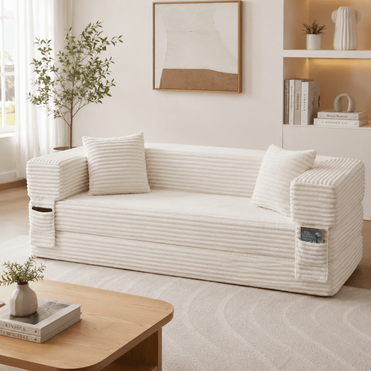 78.74" White Corduroy Convertible Floor Sofa Bed, 3-Seater Couch with ...