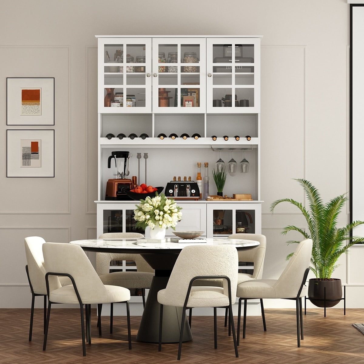 78.9''Pantry Buffet White Buffet with Wine Glass Rack Drawer and Hutch ...