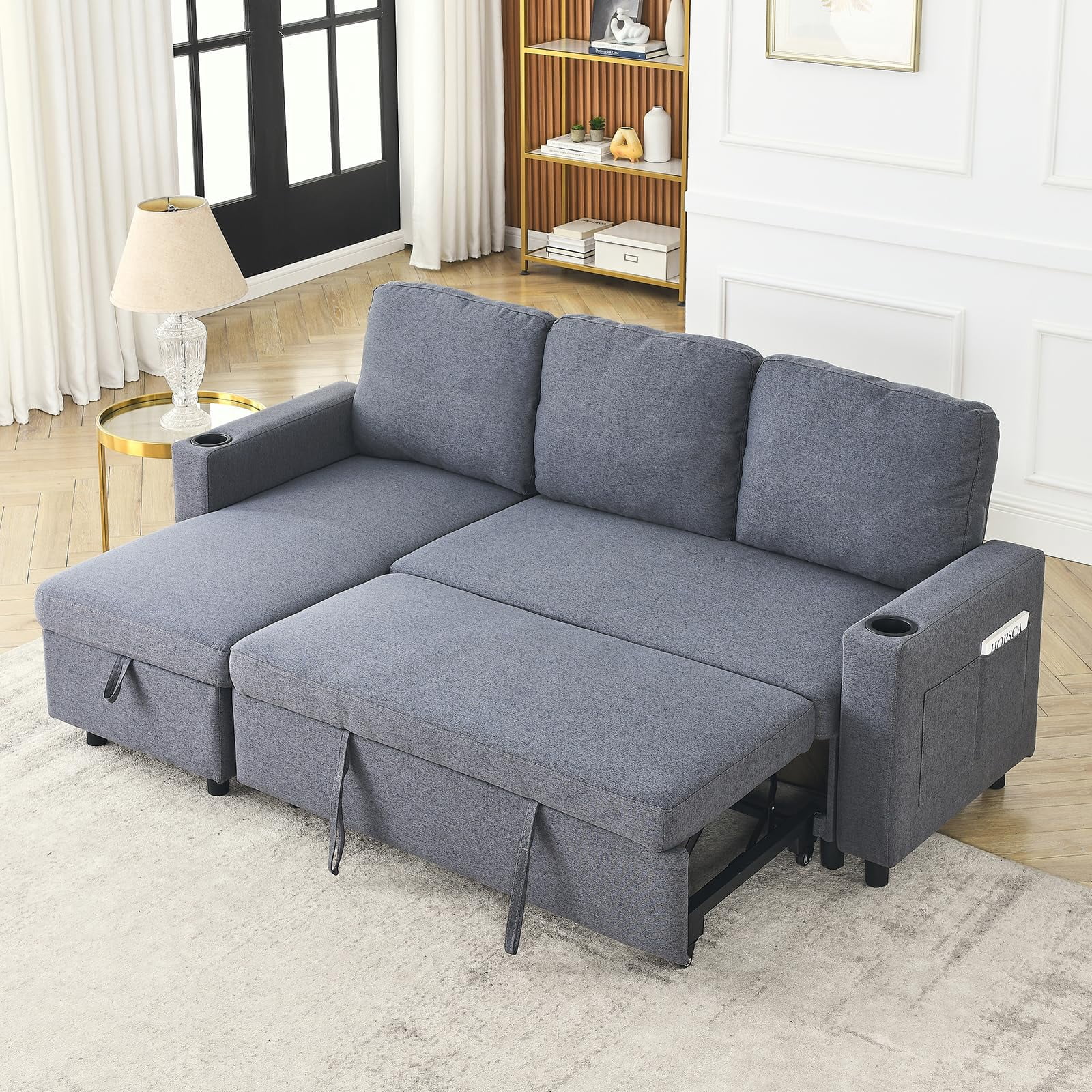 78''Comfortable Linen L-Shaped Couch, 3 Seat Pull Out Sleep Sofa Bed ...