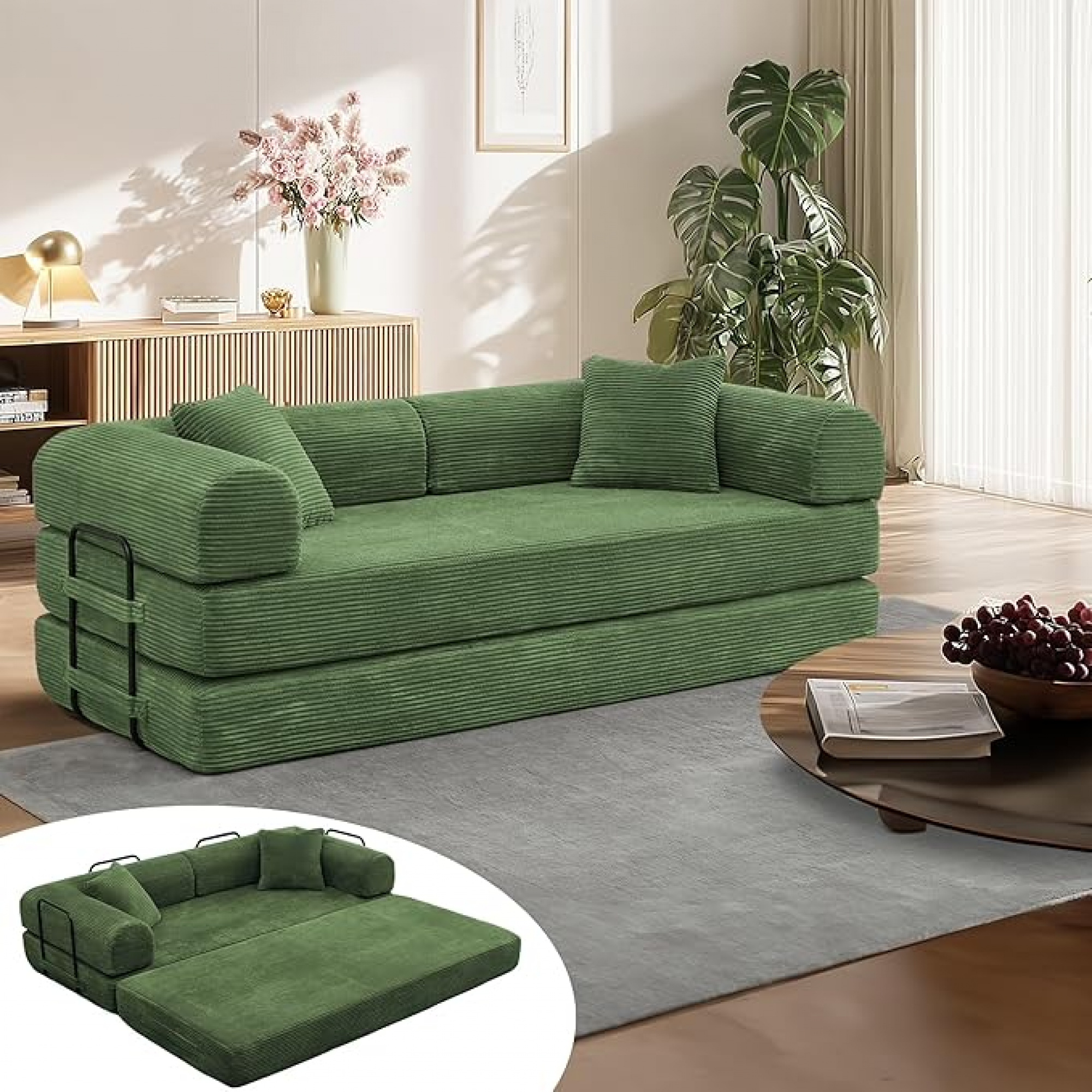 78"Convertible Sleeper Sofa Bed with Cylindrical Pillow - Corduroy ...