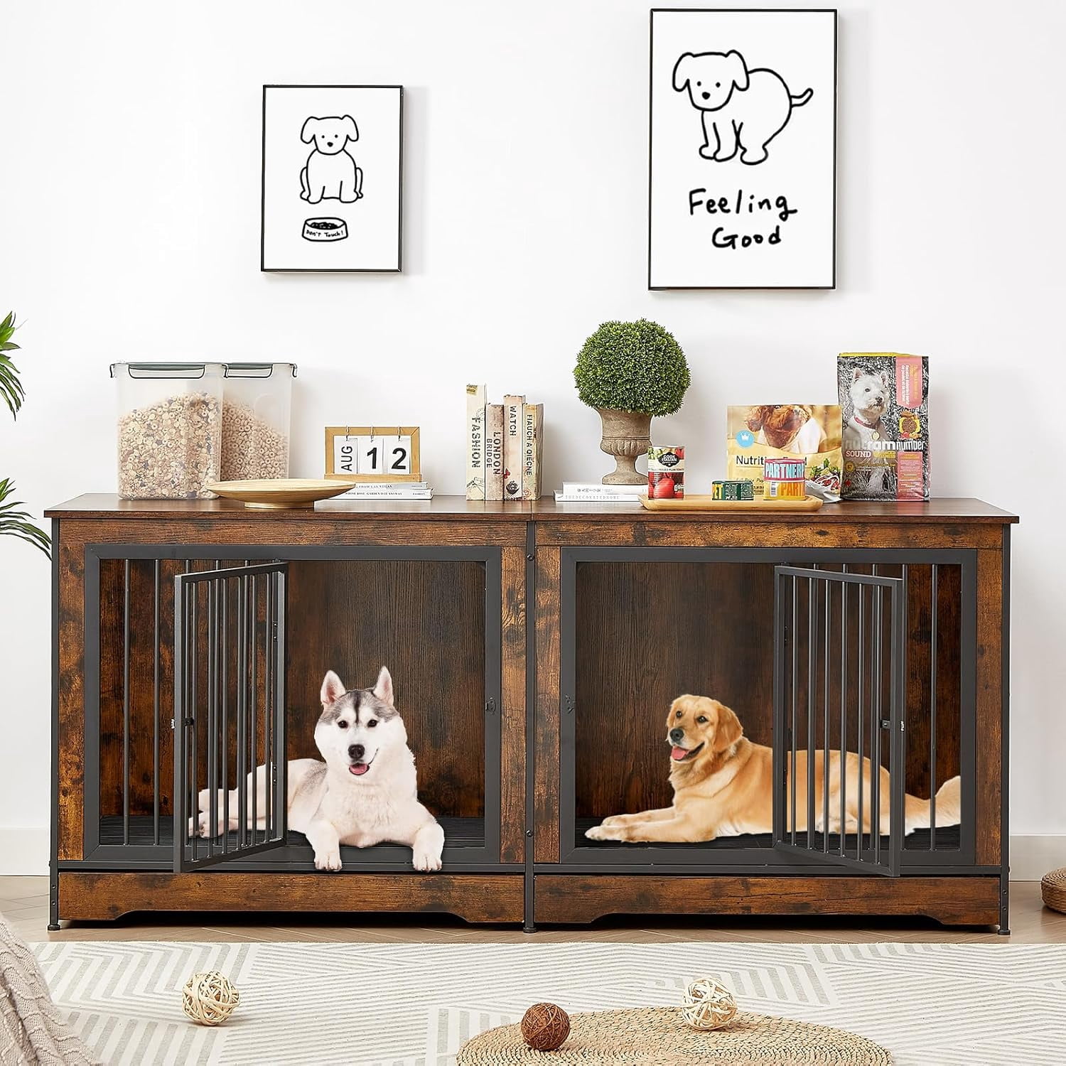 78 Double Dog Crate Furniture for 2 Large Dogs Indoor Wooden Furniture ...