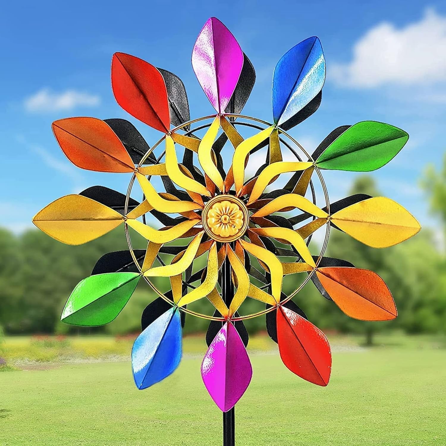 78 Inch Big Kinetic Wind Spinners with Garden Stake, Rainbow Metal ...