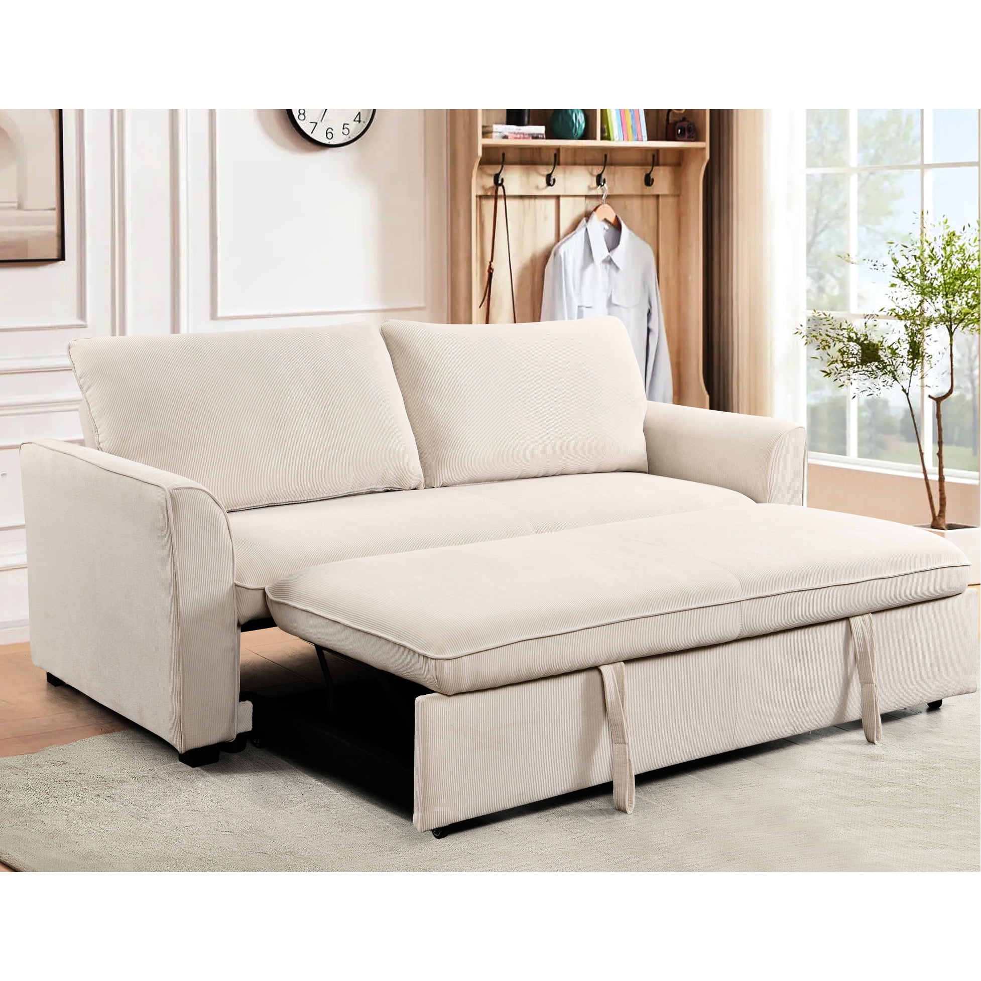 78 Inch Futon With Pullout Option, Beige And Reclining Back For Living ...