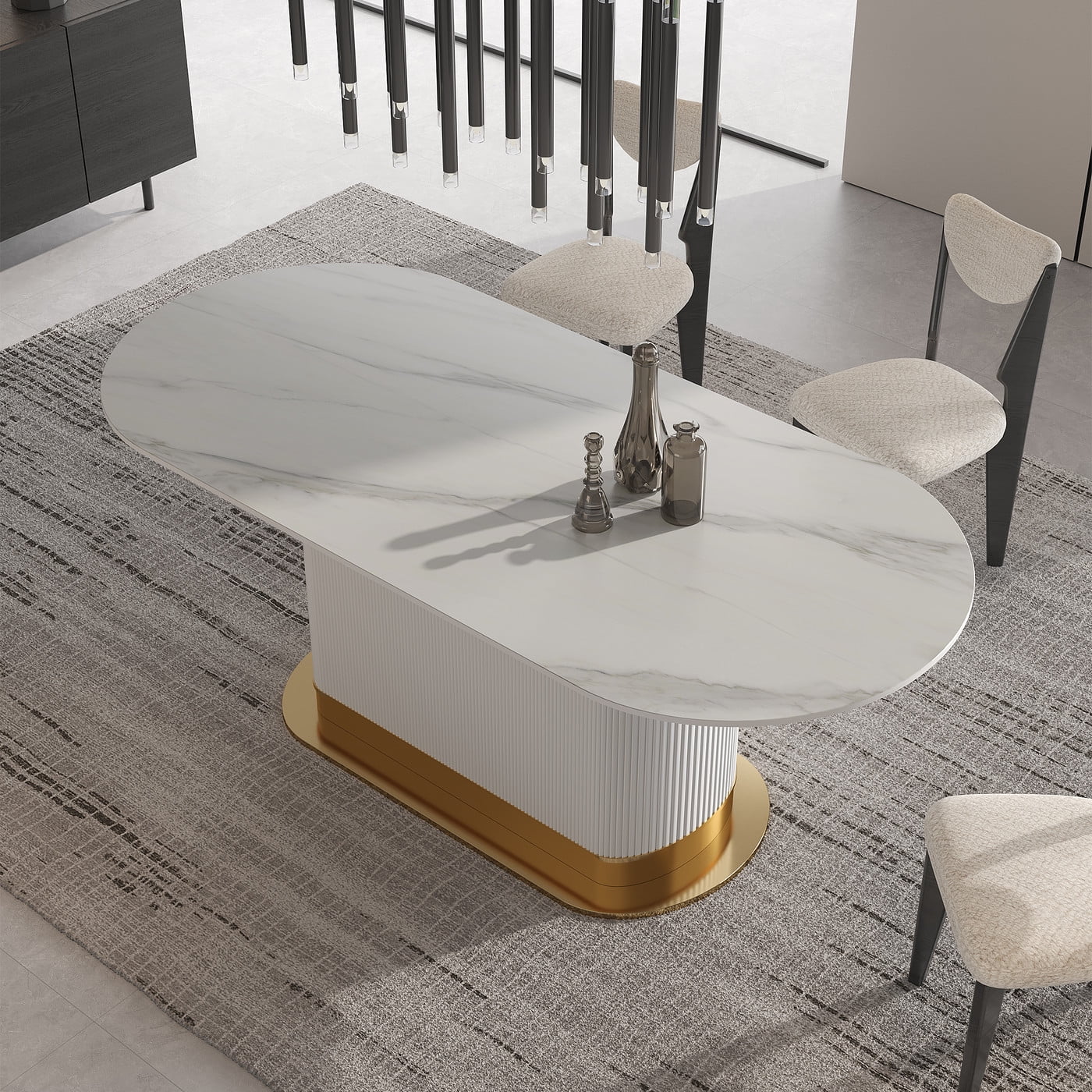 78 Inch Snow-whte Oval Tabletop Dining Table with White and Copper Gold ...