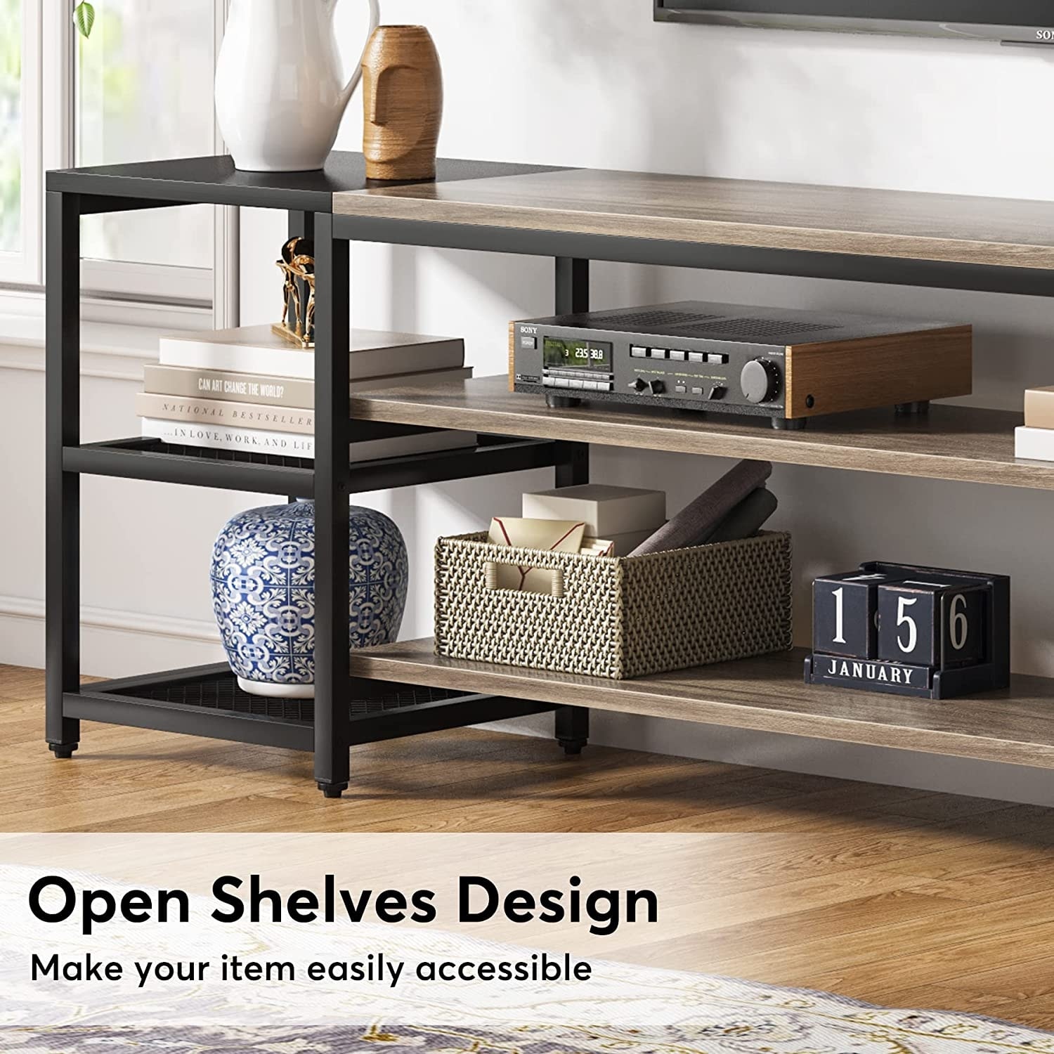 78 Inches TV Stand Entertainment Center Stand, TV Console Table Grey ...