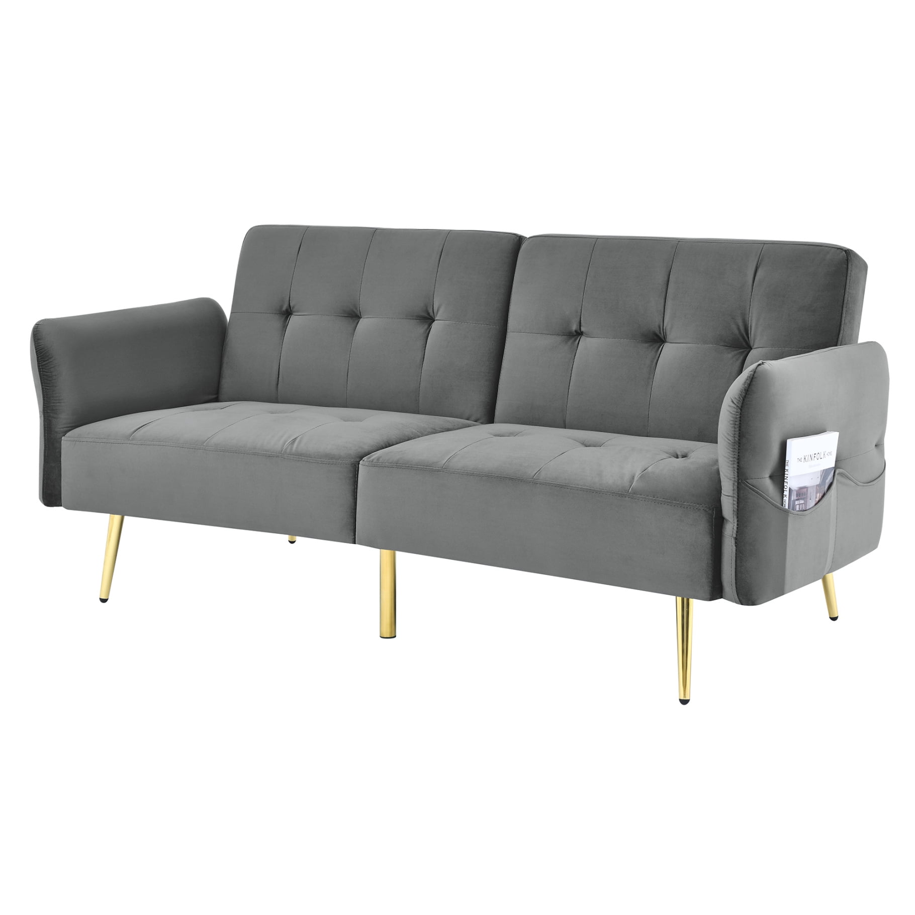 78" Italian Velvet Futon Sofa Bed with Folded Armrests & Storage Bags ...