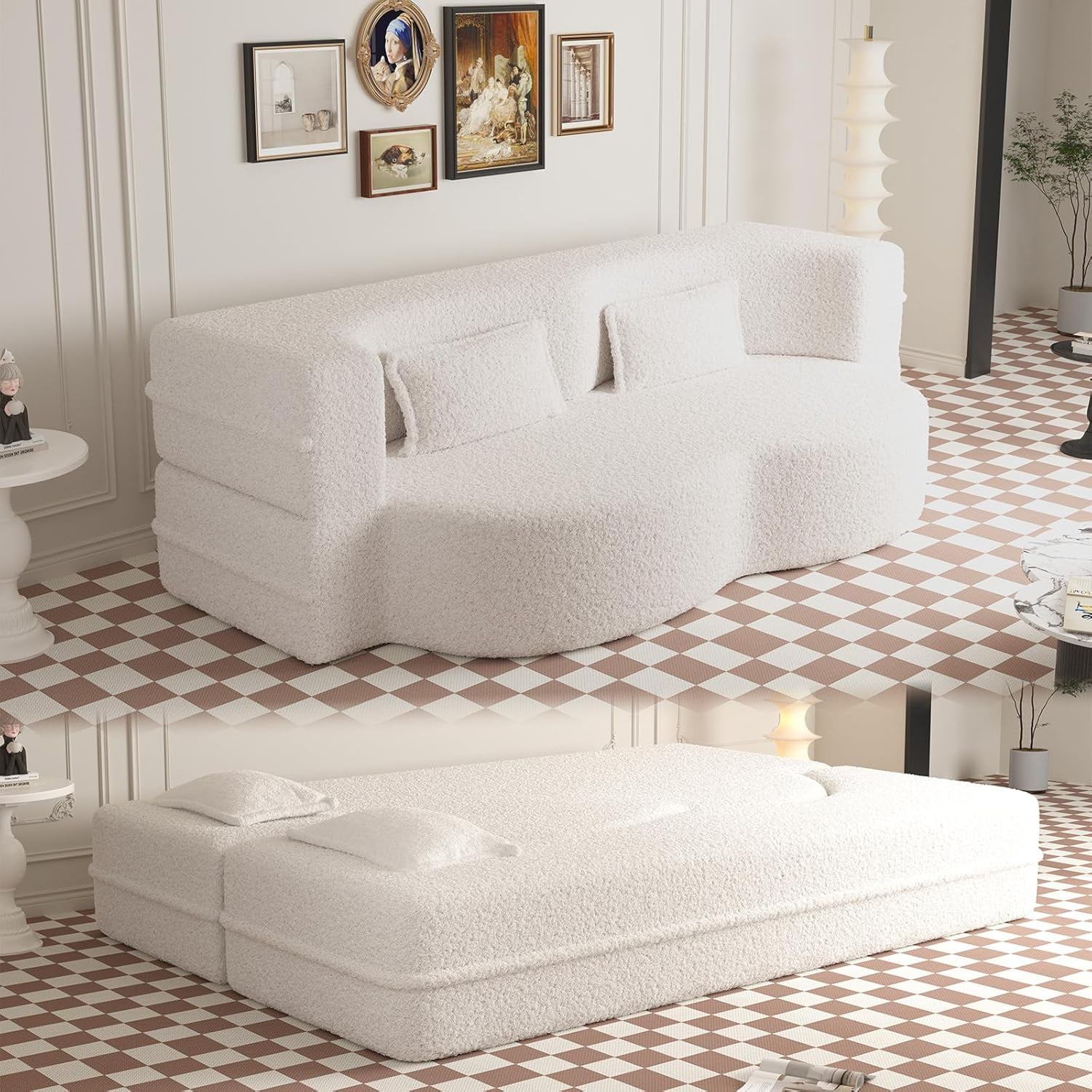 ODUWA 78" Convertible Sofa Bed with Memory Foam, Teddy Fleece Folding ...