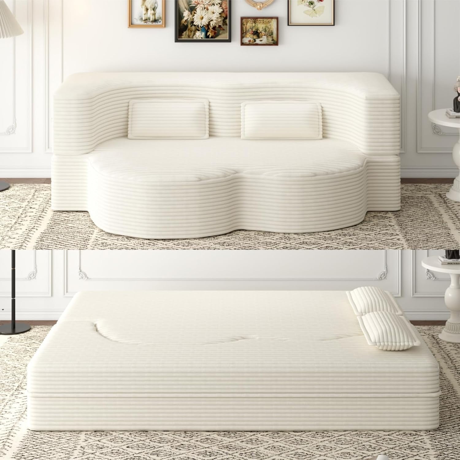 ODUWA 78" Convertible Sofa Bed with Memory Foam, Teddy Fleece Folding ...