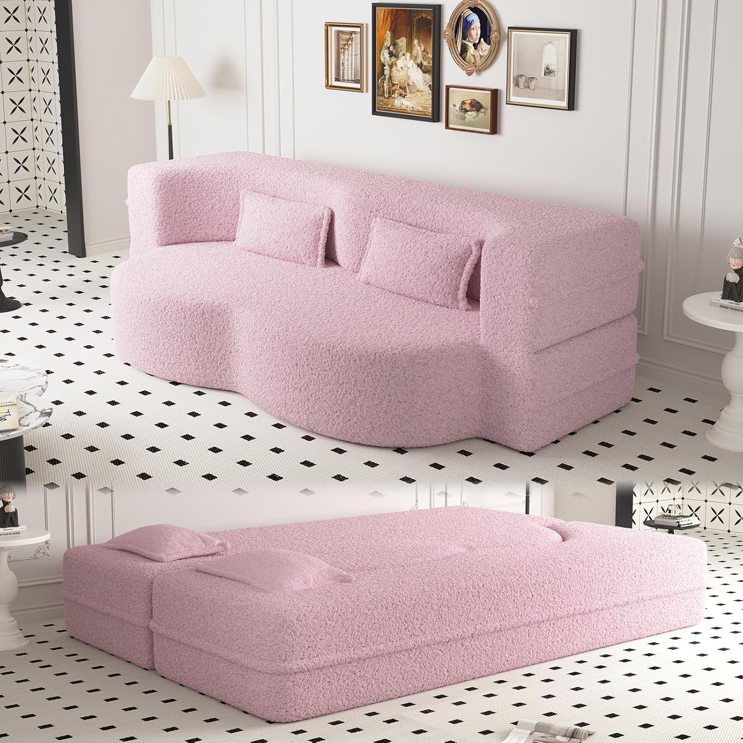 78" Memory Foam Sofa Bed,Convertible Folding Sofa,Teddy Fleece Lazy ...